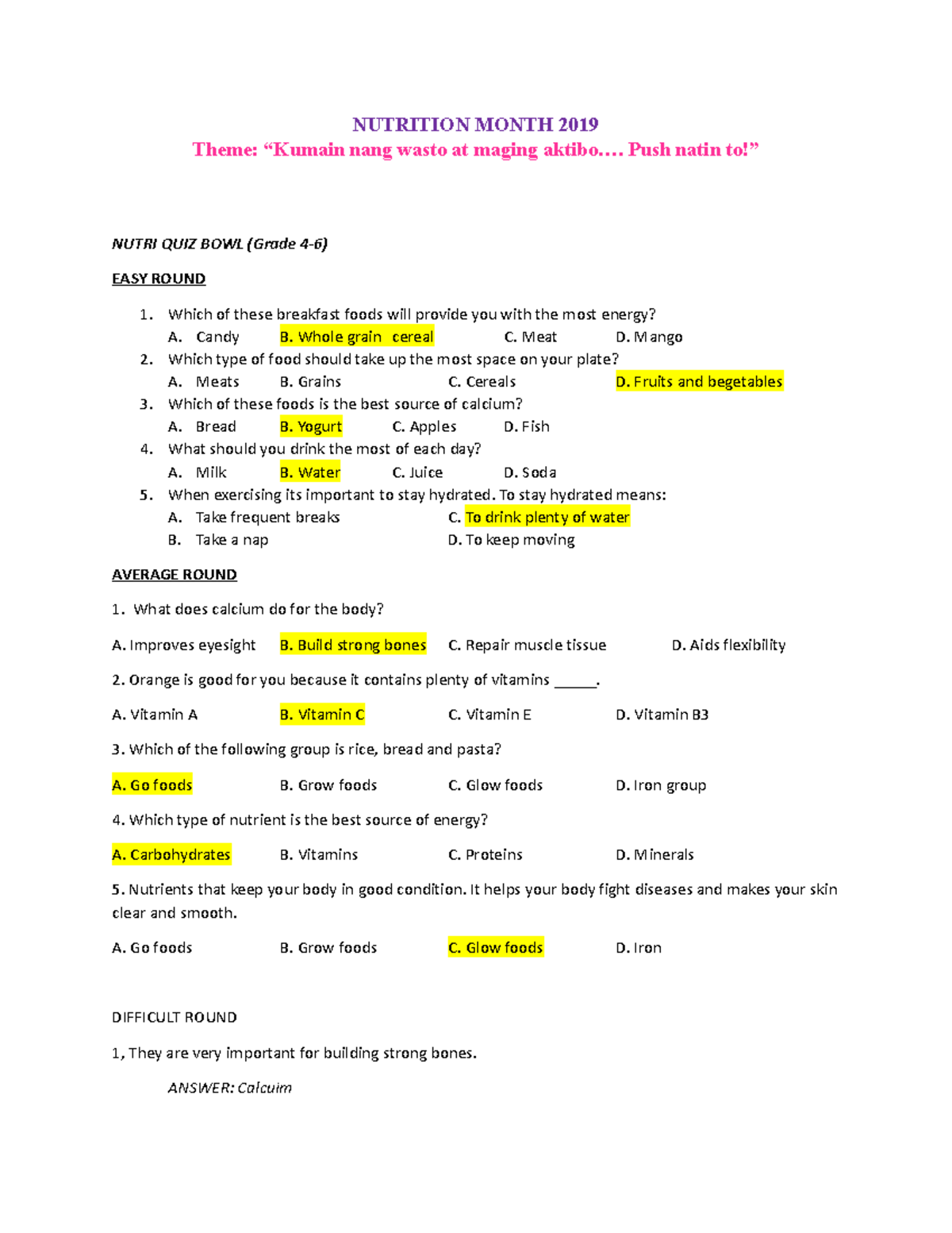 Nutrition Month 2019 QUIZ - NUTRITION MONTH 2019 Theme: “Kumain nang ...
