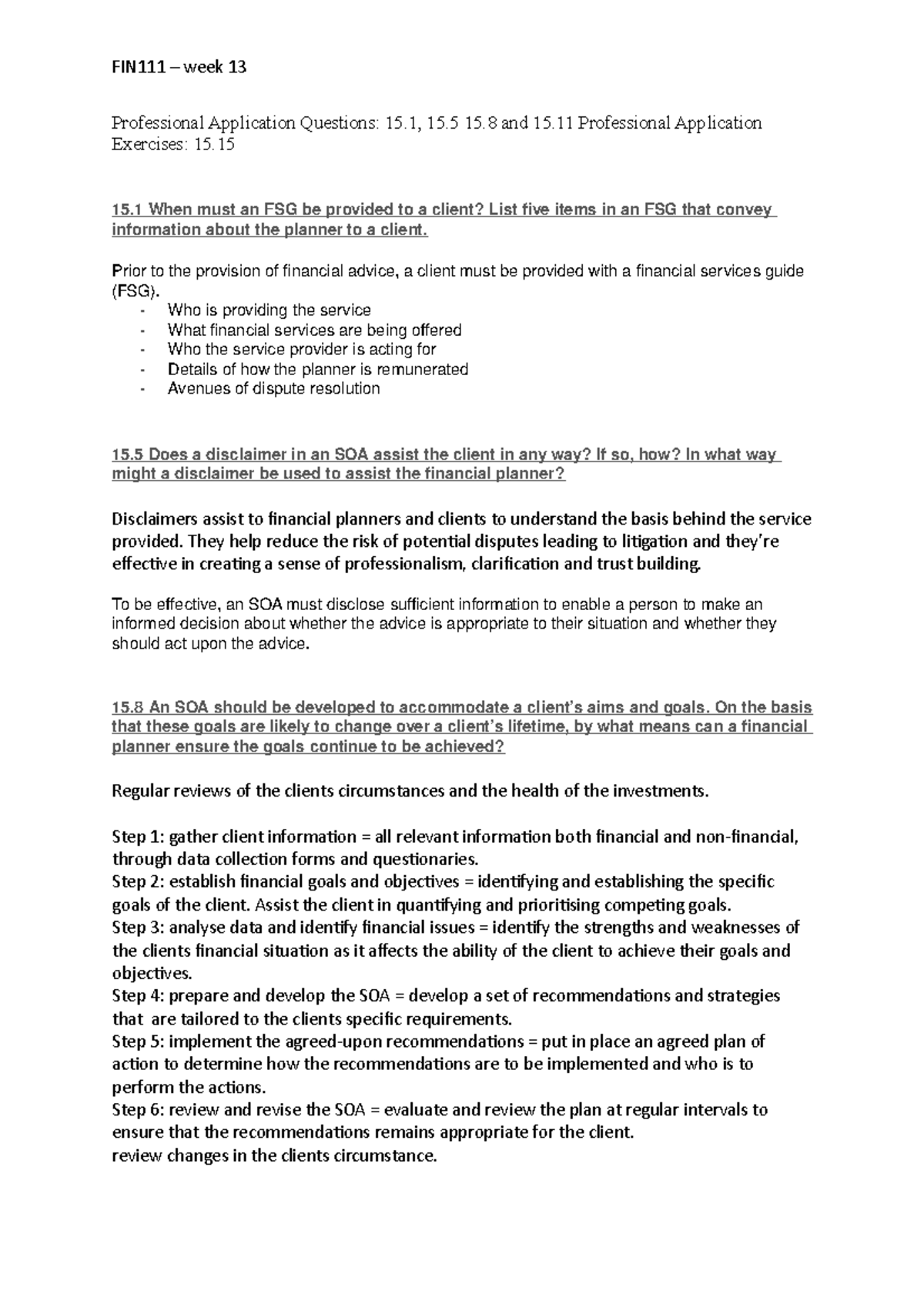 Fin week 13 - week 13 seminar questions - FIN111 – week 13 Professional ...