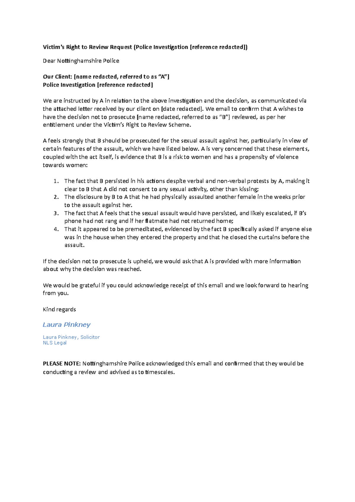 Email to Police submitting VRR request - Victim's Right to Review ...