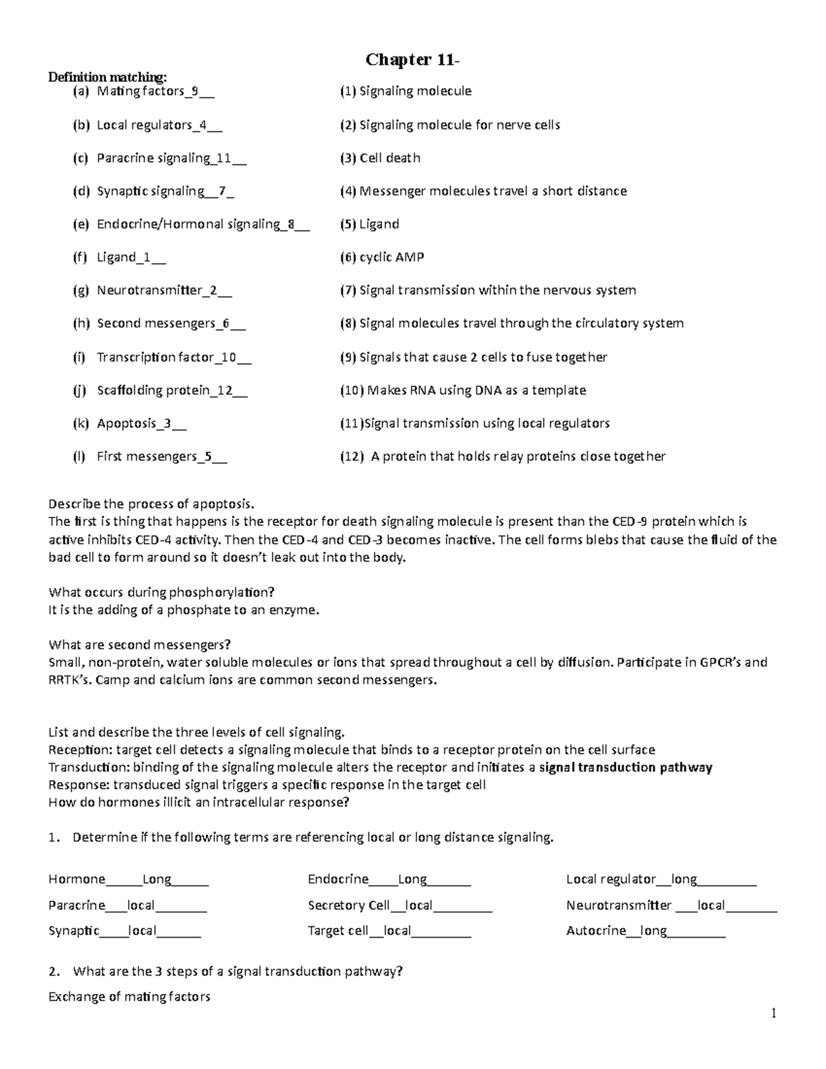 WEEK 8-HW- Chapter 11-2 - Chapter 11- Definition matching: (a) Ma%ng factors_9__ (1) Signaling ...