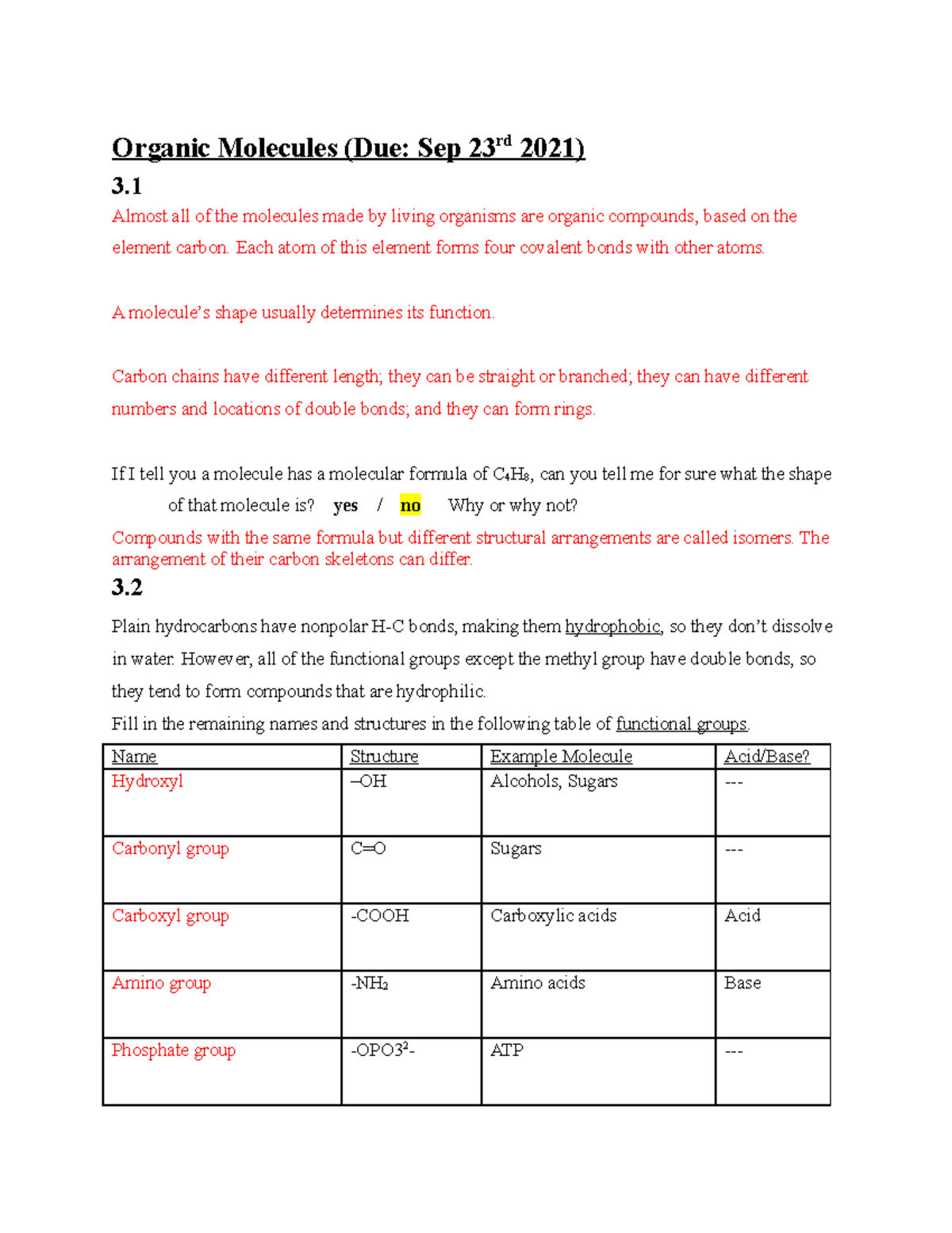 Chapter notes DUE Sep23rd2021 - Organic Molecules (Due: Sep 23 rd 2021 ...