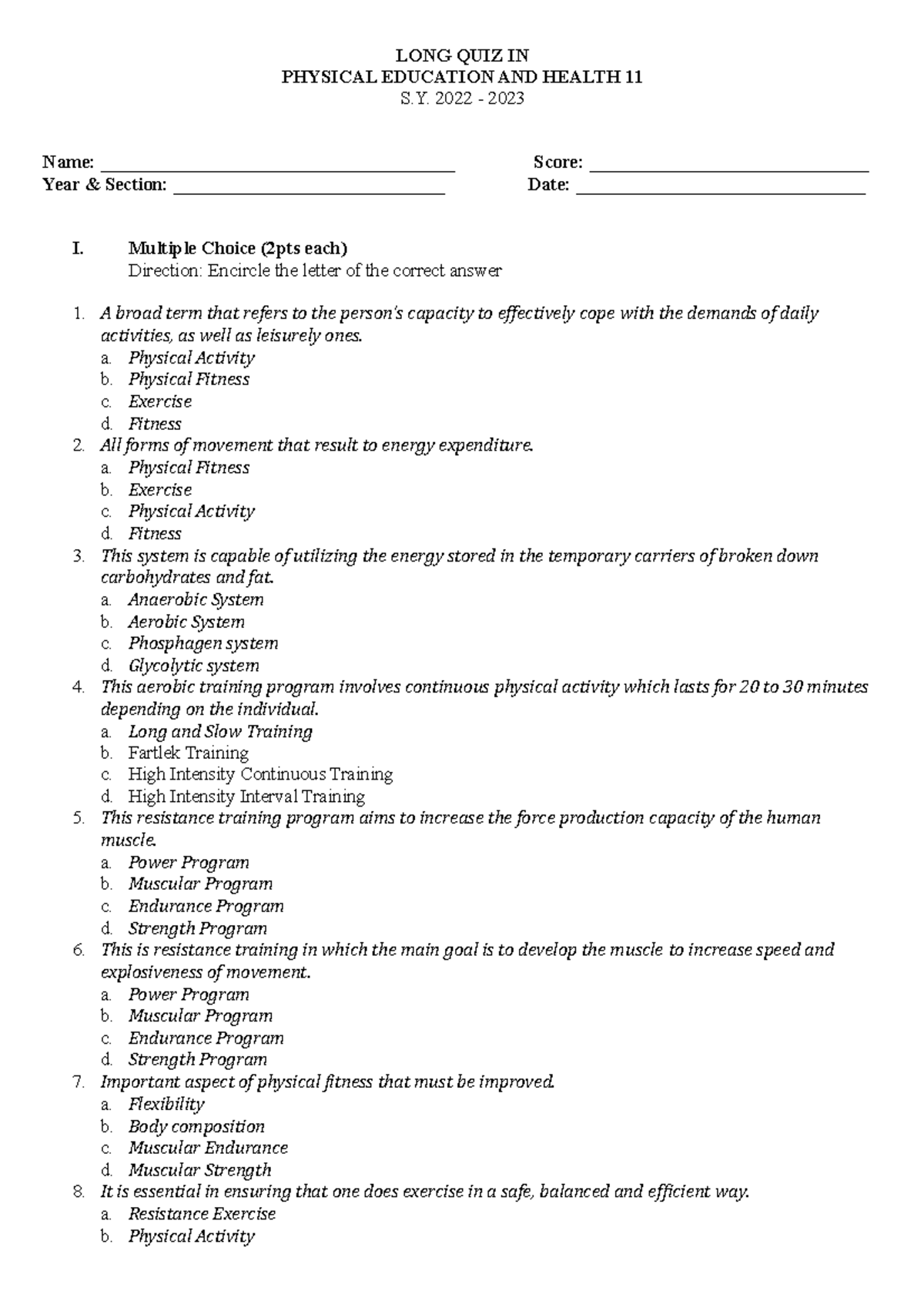 LONG QUIZ IN PE Grade 11 - exam in P.E 11 - LONG QUIZ IN PHYSICAL ...