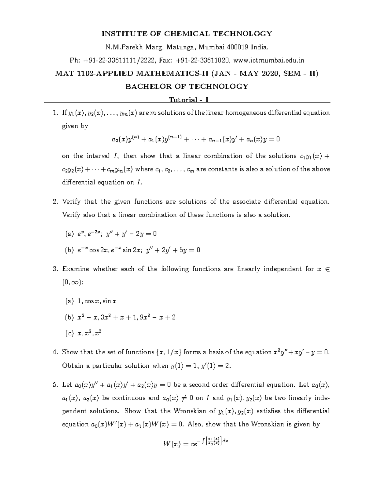 Tutorial I MAT1103 2020 - INSTITUTE OF CHEMICAL TECHNOLOGY N.M Marg ...