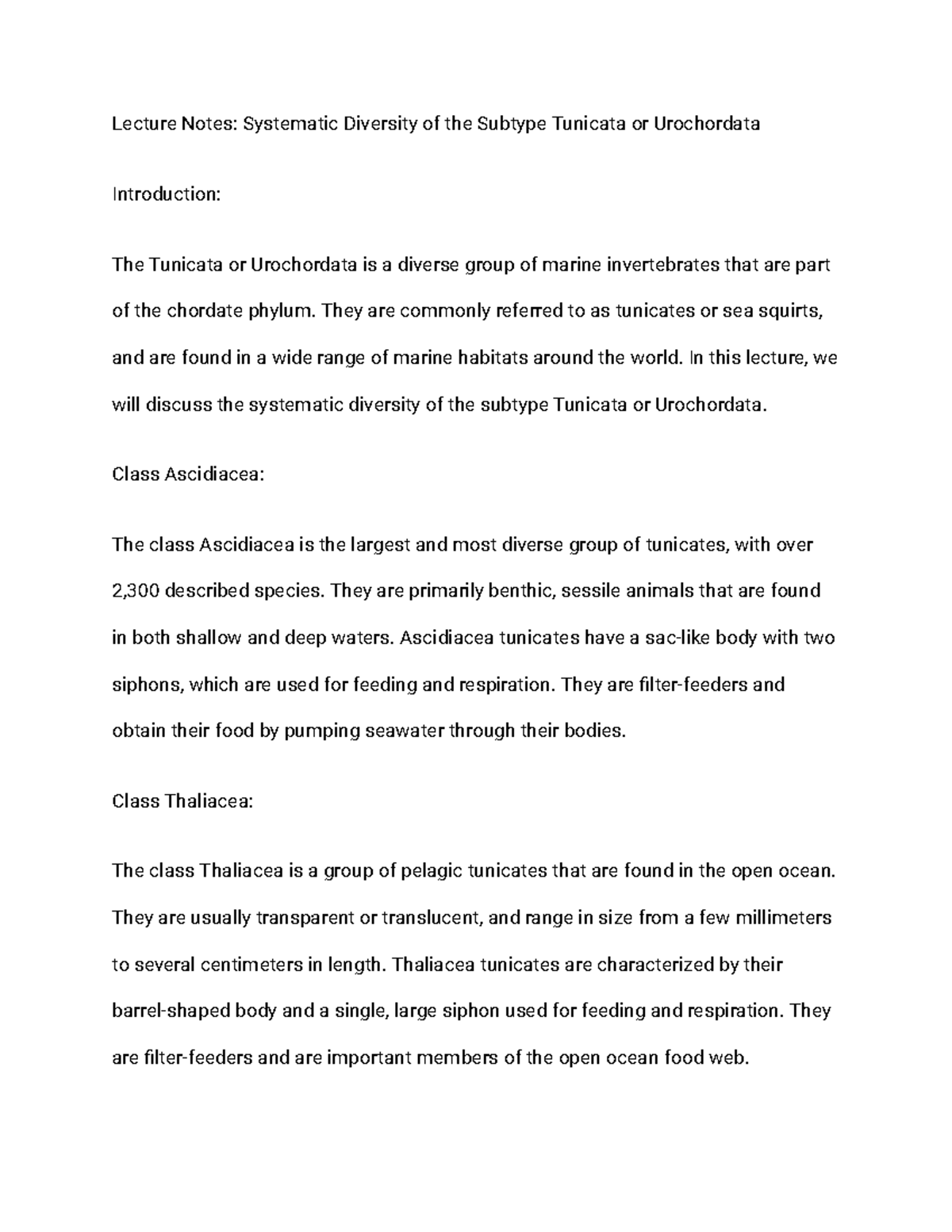 Lecture Notes Systematic Diversity of the Subtype Tunicata or ...