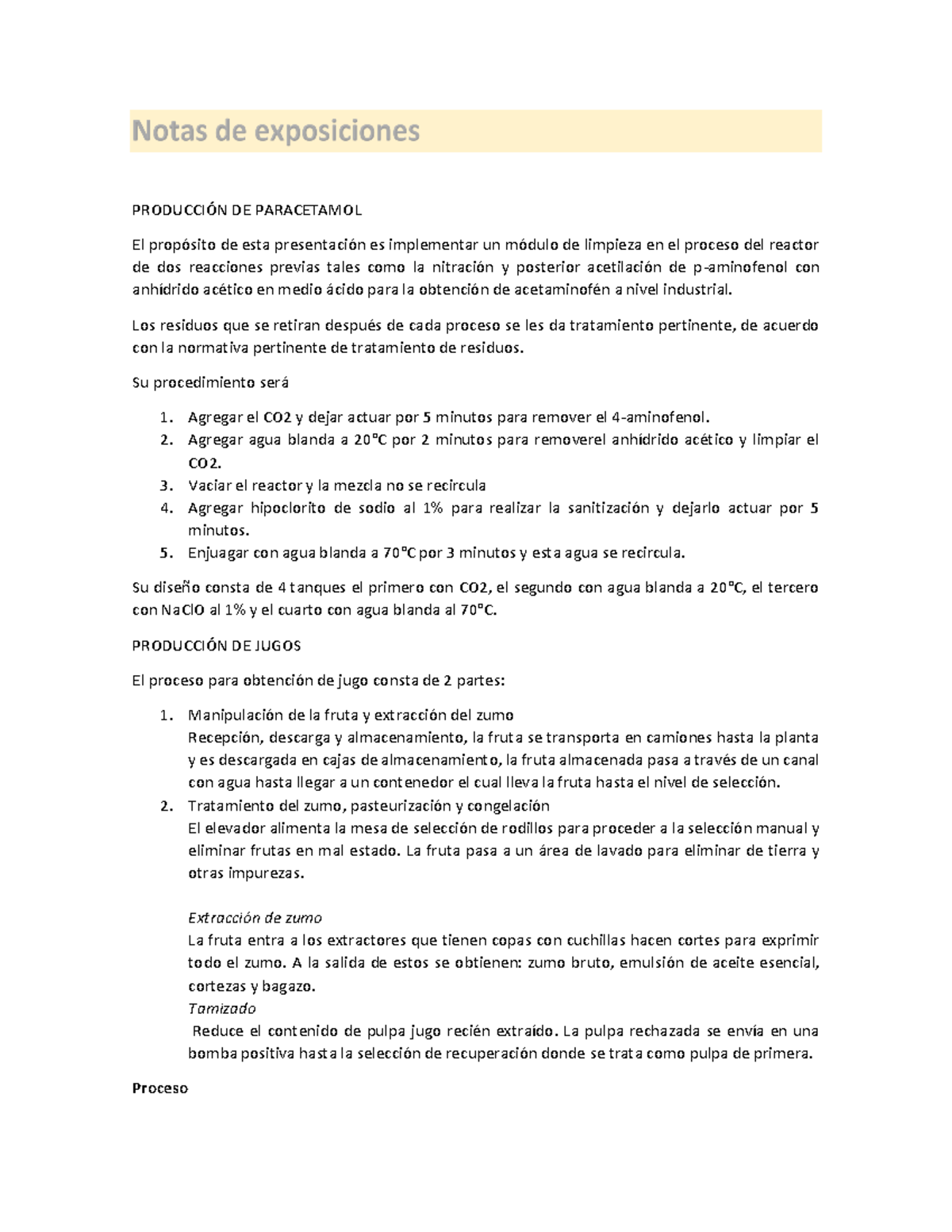 Notas de exposiciones - Es de biote - PRODUCCIÓN DE PARACETAMOL El propósito de esta ...