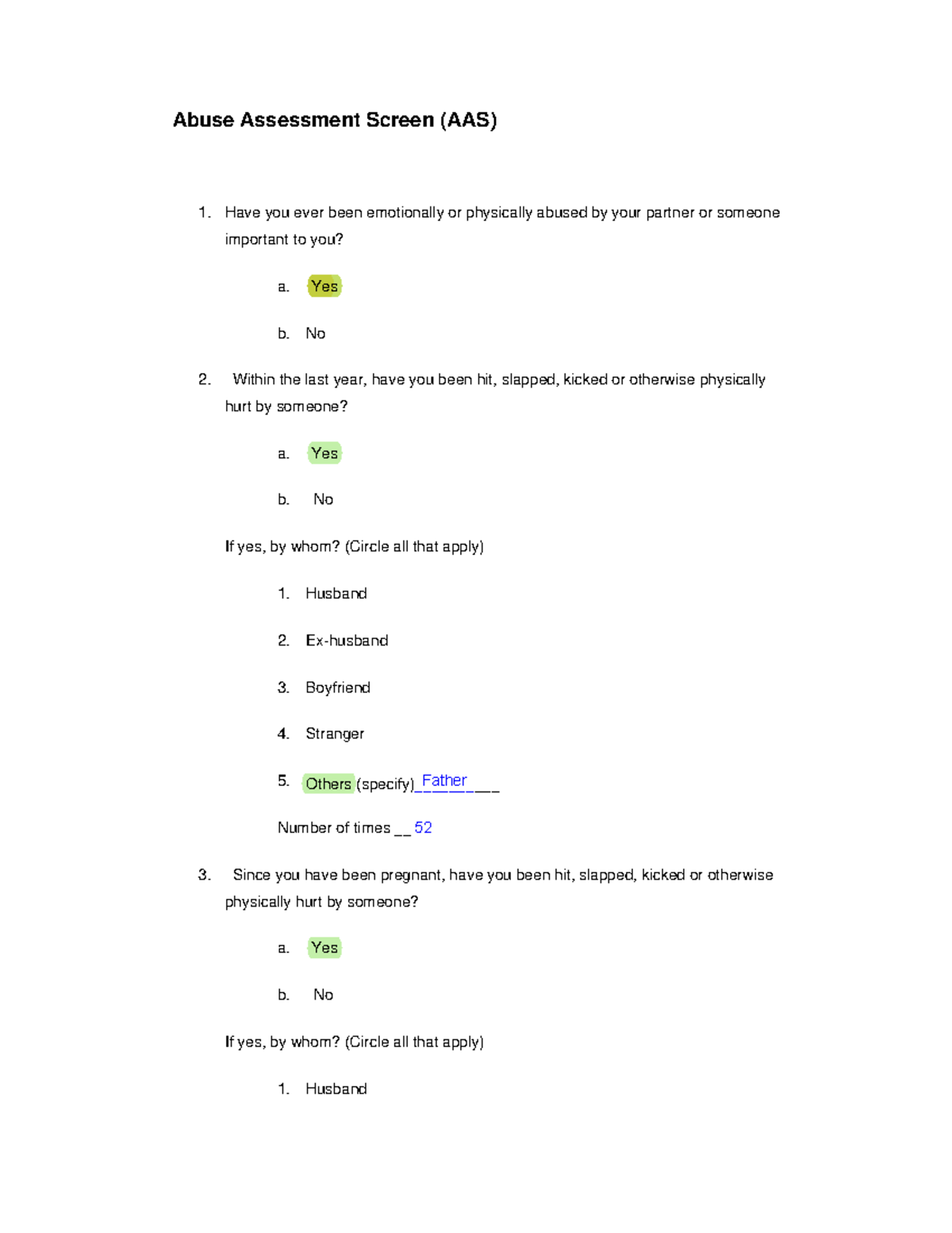 Abuse-Assessment-Screen completed - Abuse Assessment Screen (AAS) Have you ever been emotionally ...