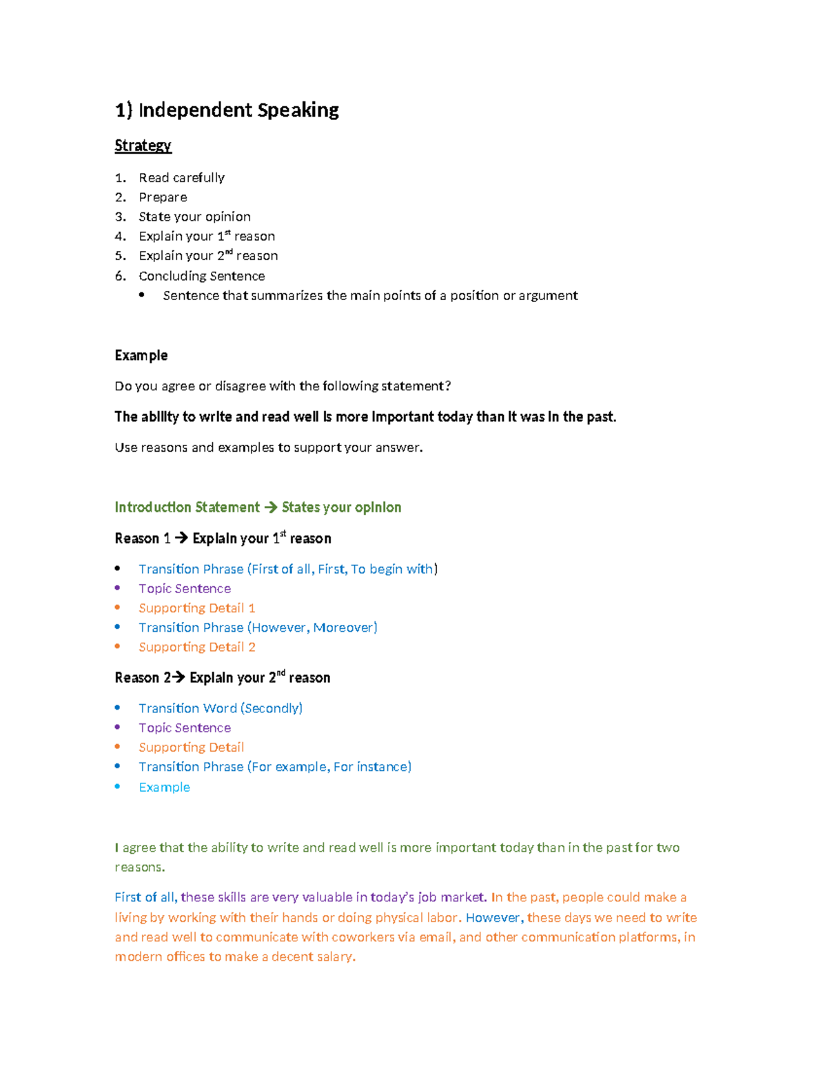 Speaking Template - TOEFL - 1) Independent Speaking Strategy Read ...