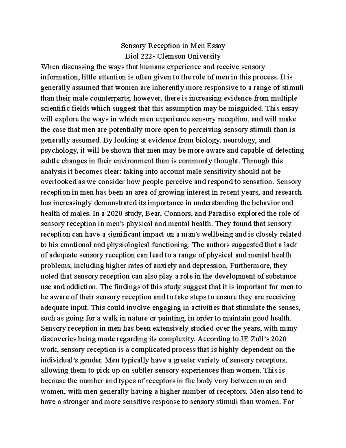 Sensory Reception in Men Essay - It is generally assumed that women are ...