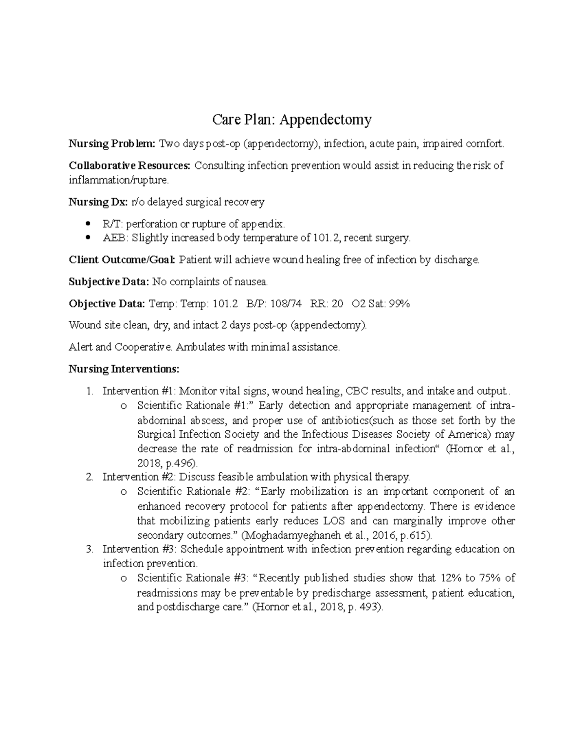 Care Plan- Appendectomy (Stacy Cook) - Care Plan: Appendectomy Nursing ...