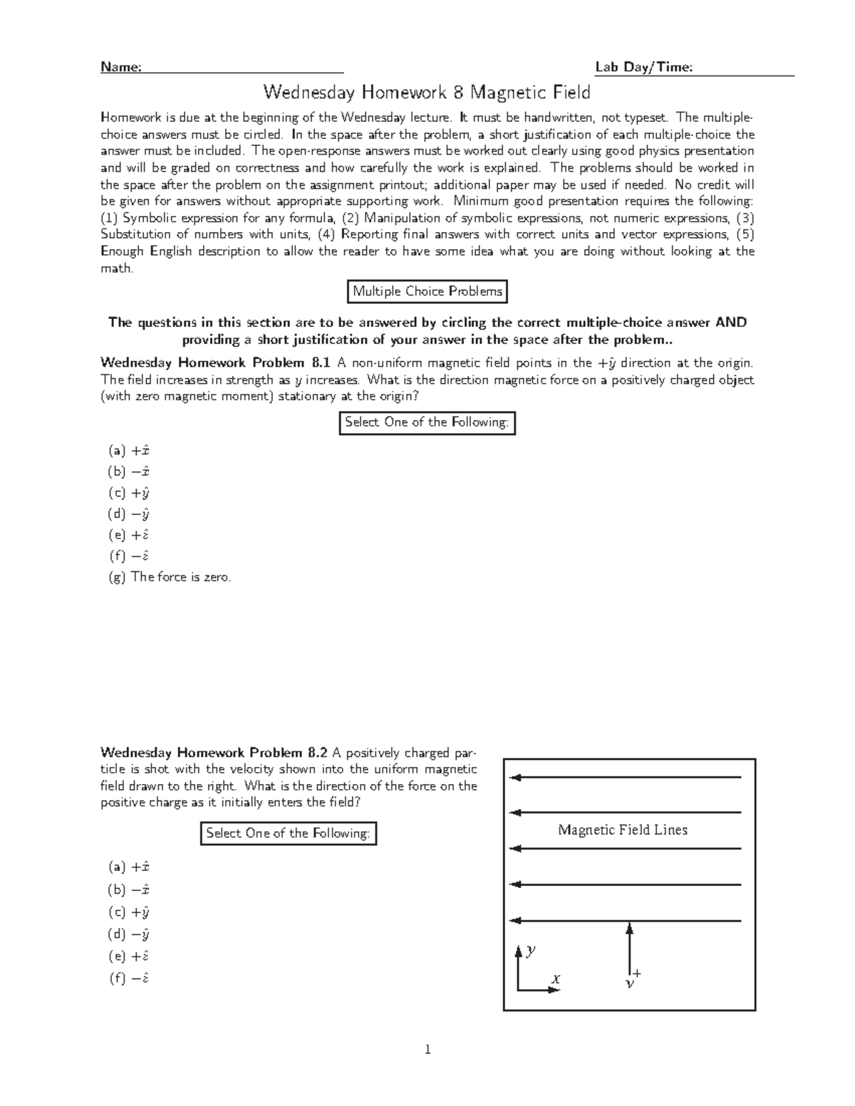Homework-8W - Wednesday Homework 8 - Magnetic Field - Name: Lab Day ...