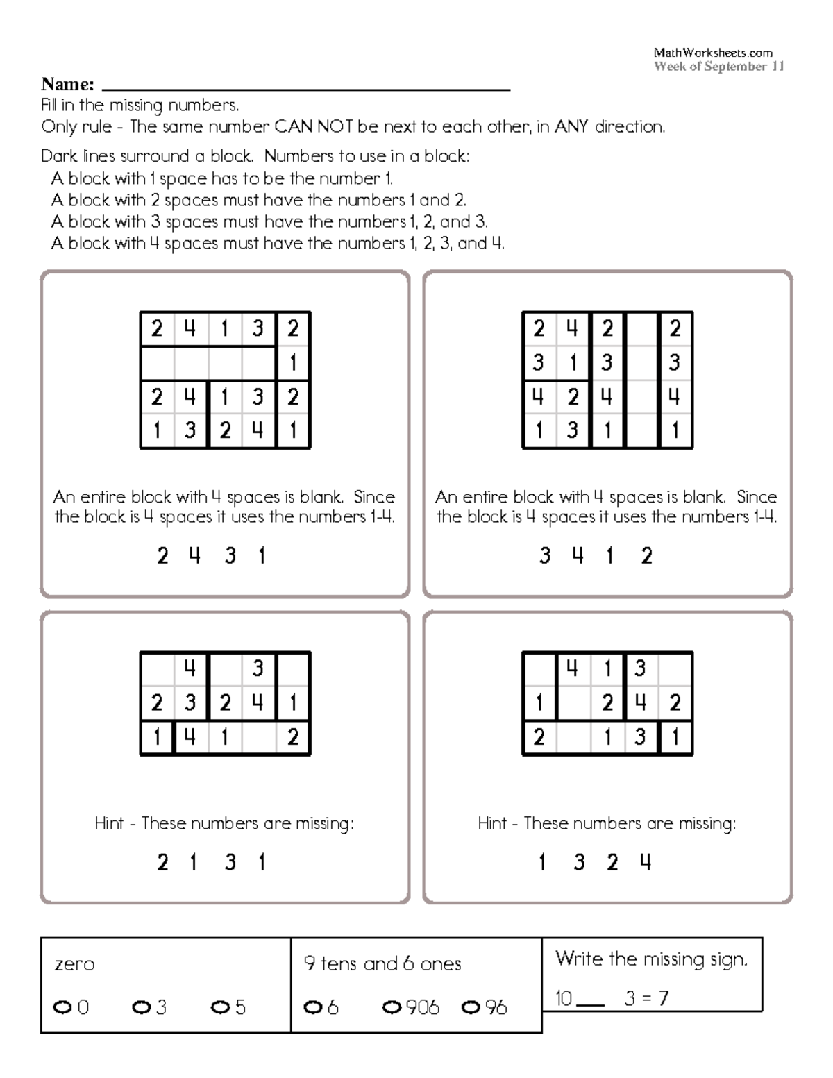 Math Worksheets Grade 1 9 11 - Name: Week of September 11 )LOO LQ WKH ...