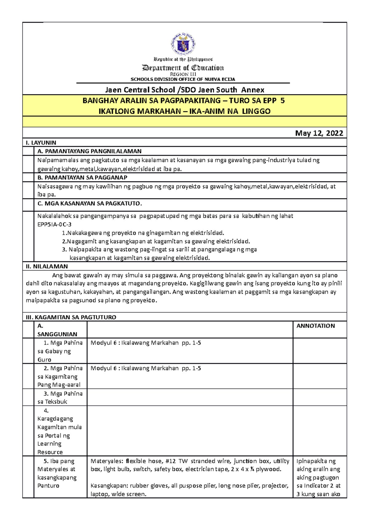 Demo teaching EPP 5-gawaing elektrisidad - Jaen Central School /SDO Jaen South Annex BANGHAY ...