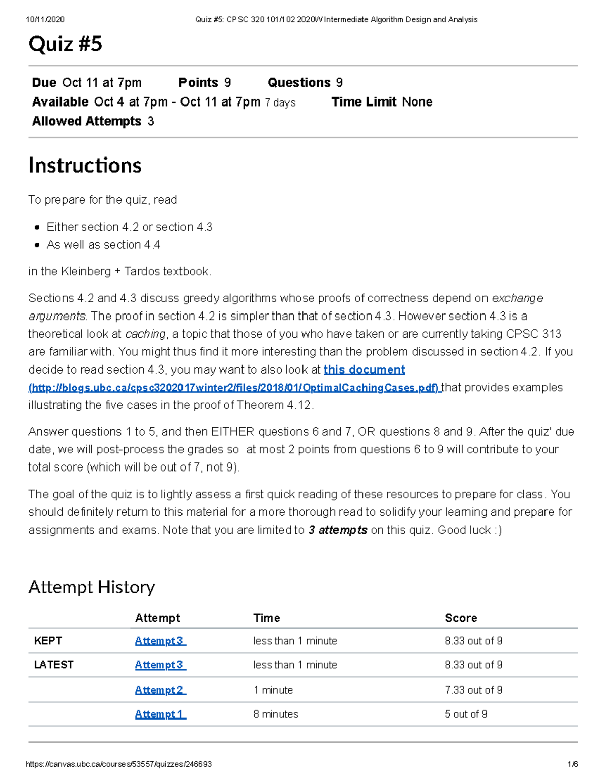 Quiz 5 Cpsc 320 101 102 2020w Intermediate Algorithm Design And Analysis Quiz Due Oct 11 At