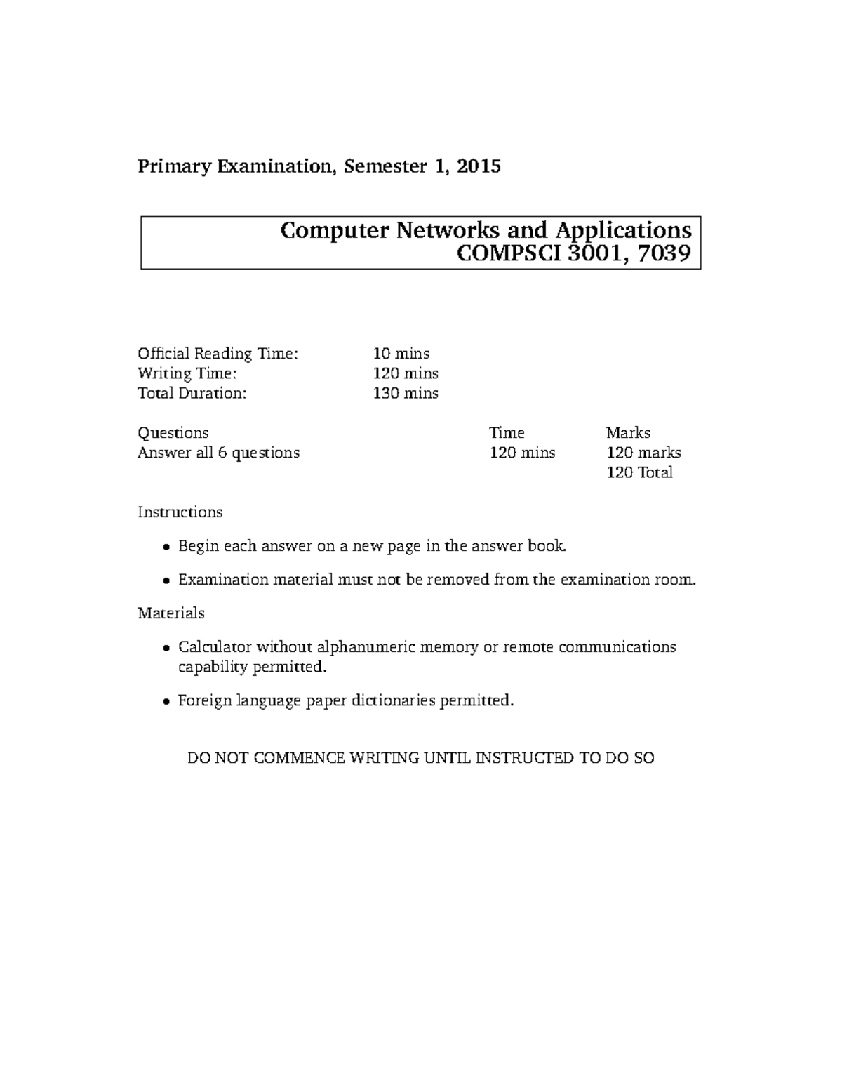 CNA-2015-s1-MAIN - Primary Examination, Semester 1, 2015 Computer Networks and Applications ...
