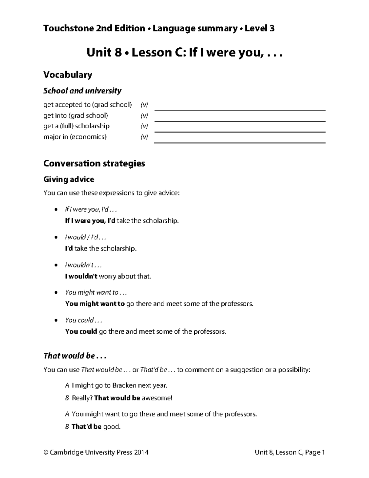 TS2e L3 U8 LC Langsum - dramatica - Touchstone 2nd Edition • Language summary • Level 3 Unit 8 ...