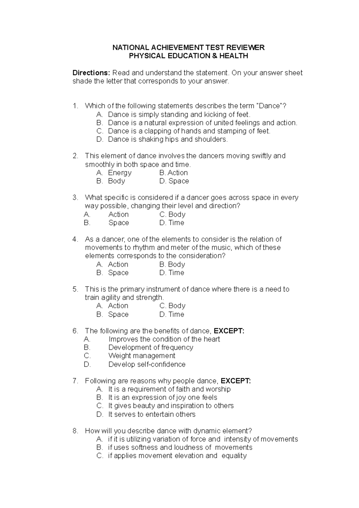 NAT Reviewer IN Physical Education NATIONAL ACHIEVEMENT TEST REVIEWER