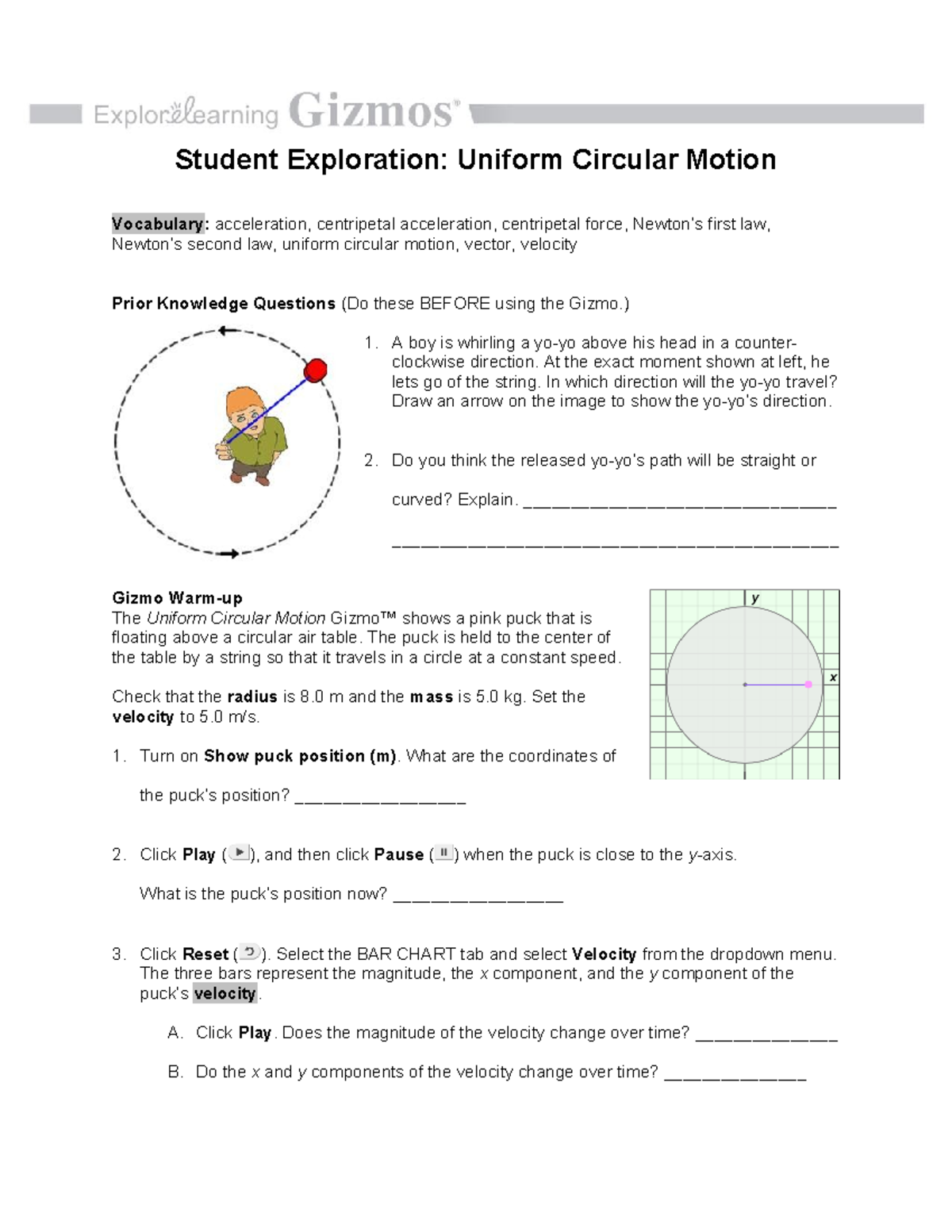 Uniform Circular Motion SE-3 - Student Exploration: Uniform Circular ...
