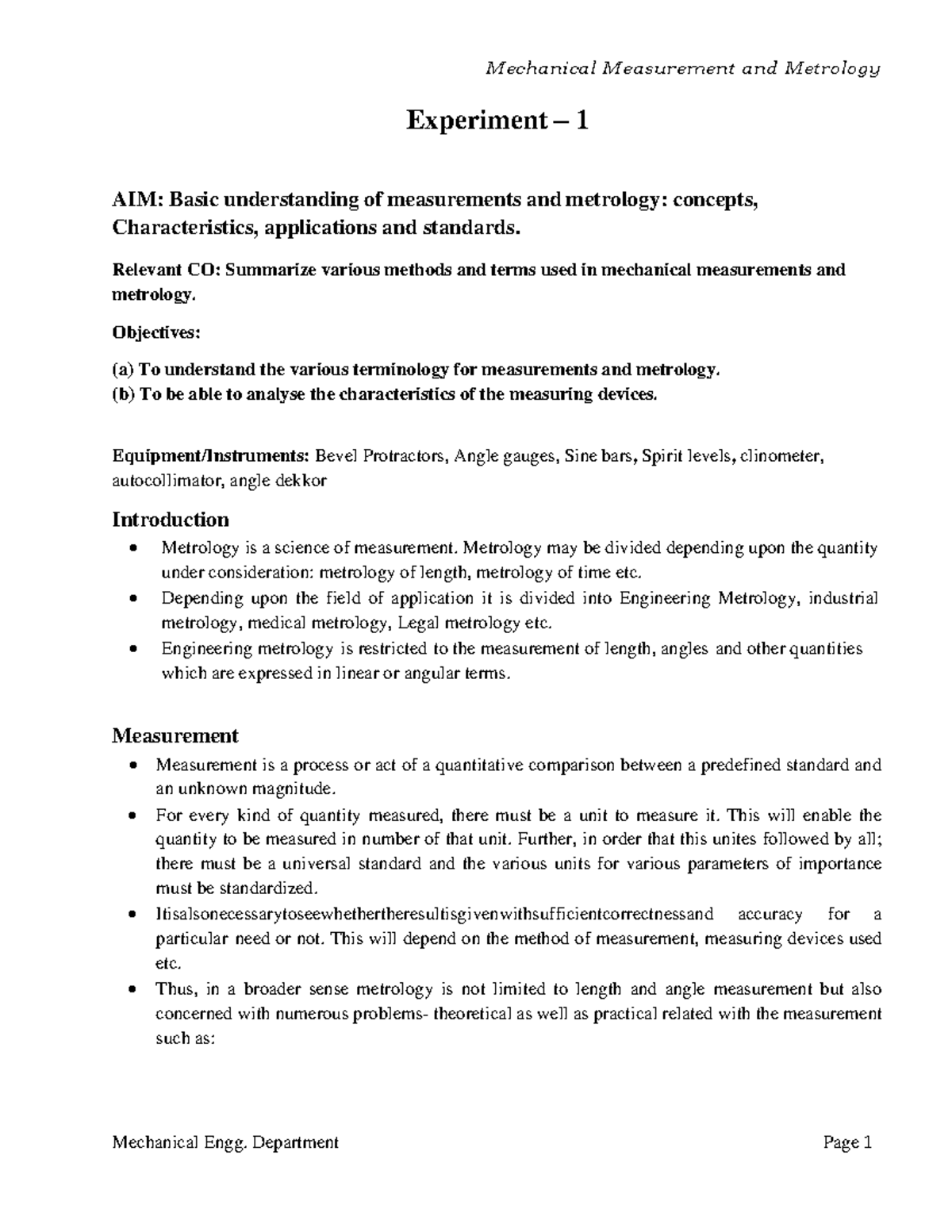Practical - 1 - Experiment – 1 AIM: Basic understanding of measurements and metrology: concepts ...