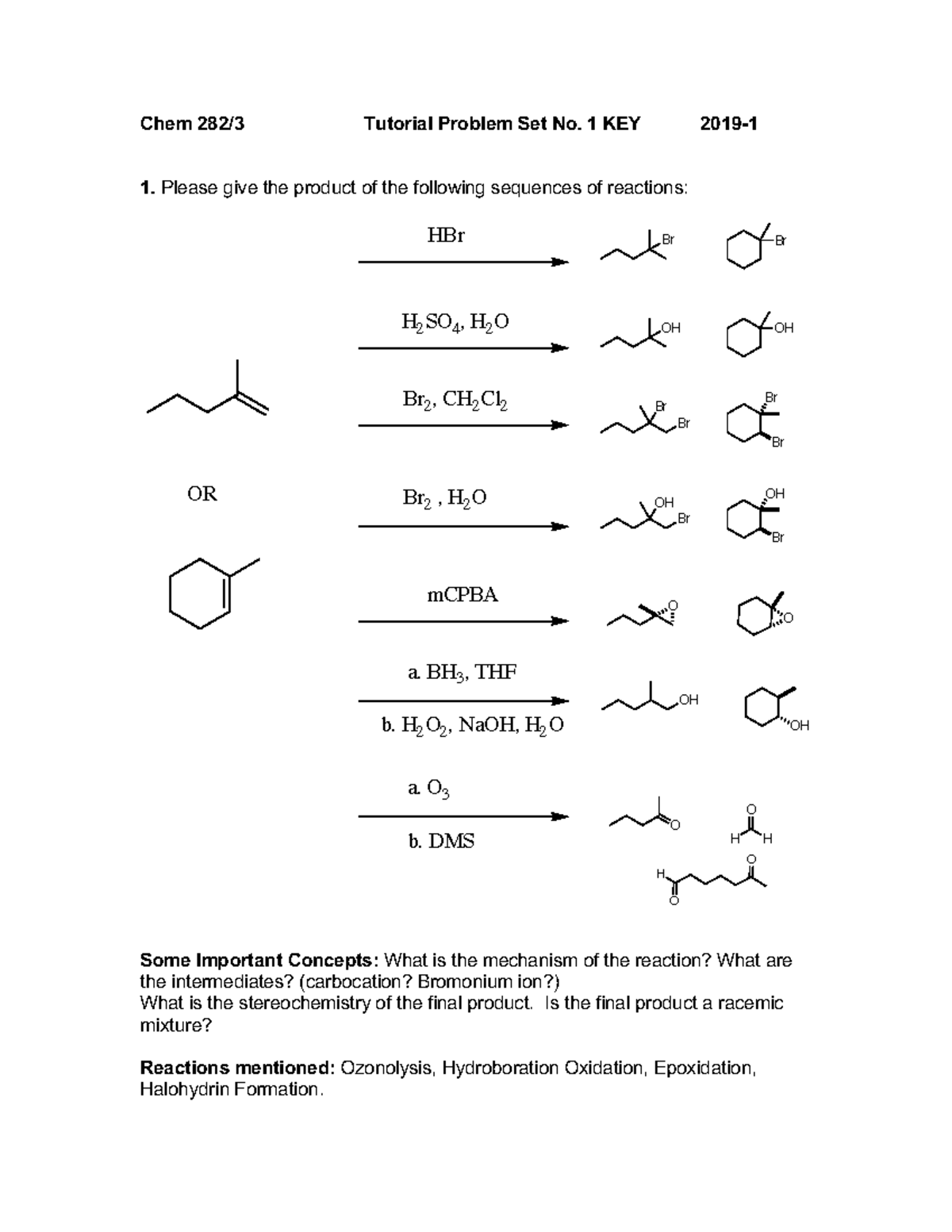 Tut 1 2019 1 Key - N. Merbouh - Chem 282/3 Tutorial Problem Set No. 1 ...