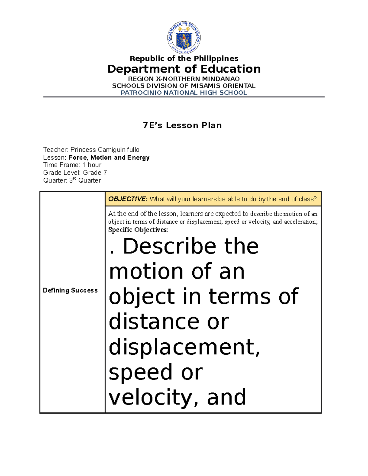 Grade 7 - 7 Es lesson Plan science 7 - Department of Education REGION X ...