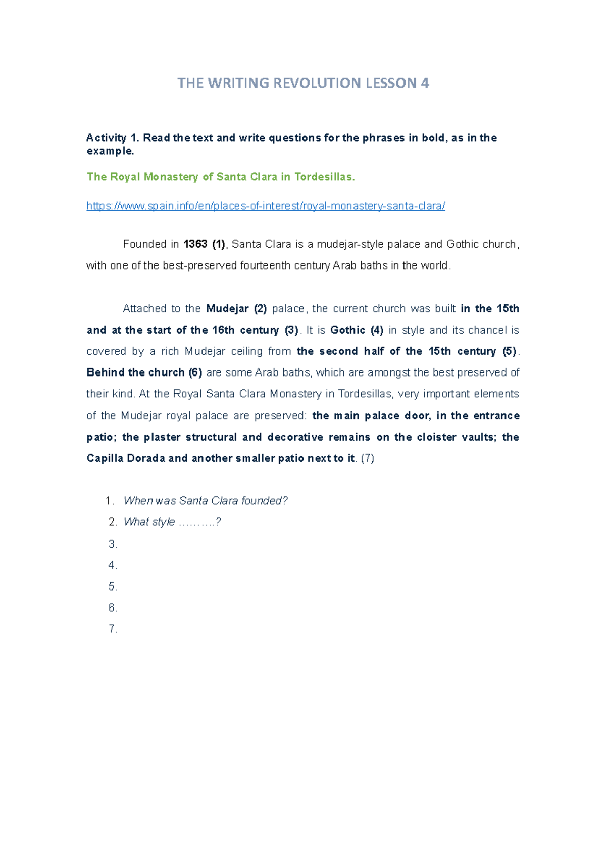 Unit 4 The Royal Monastery of Santa Clara in Tordesillas - THE WRITING ...