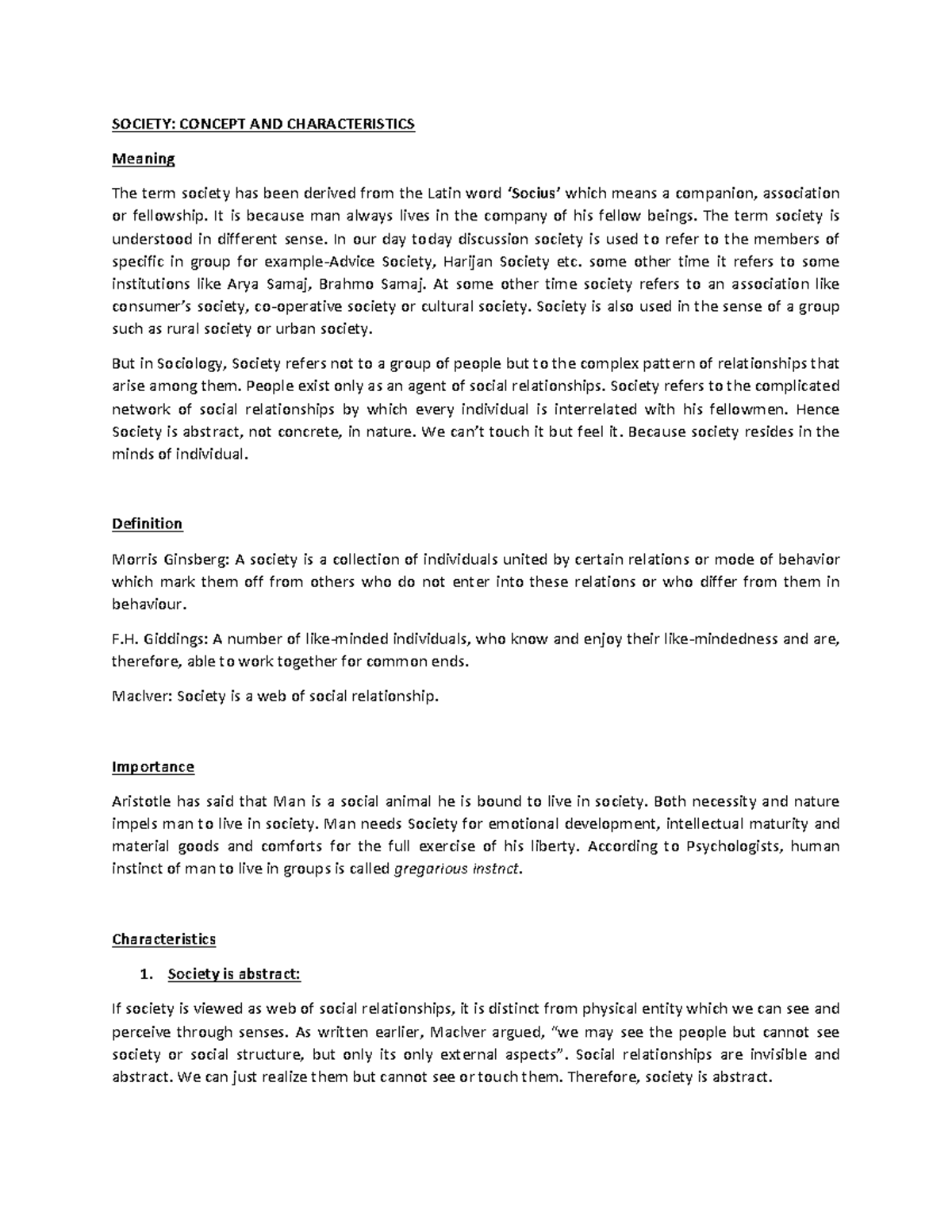 Socio module 1&2 - SOCIETY: CONCEPT AND CHARACTERISTICS Meaning The ...