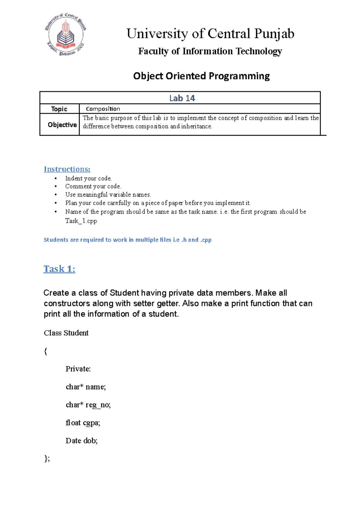 Oop Lab 14 Sec B Oop Practice Lab Question University Of Central Punjab Faculty Of 