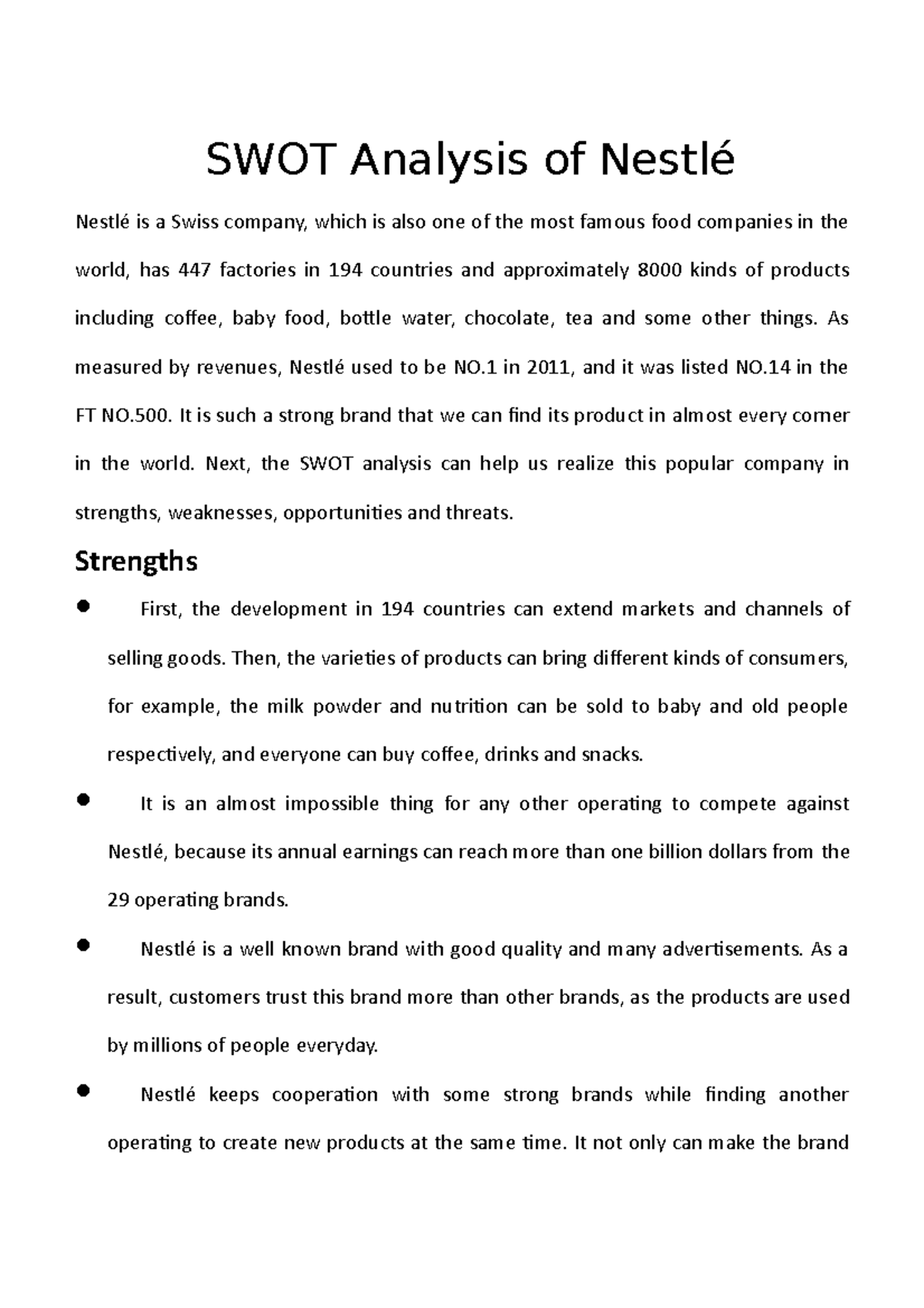 MCD1020 Nestlé SWOT - SWOT - SWOT Analysis of Nestlé Nestlé is a Swiss ...