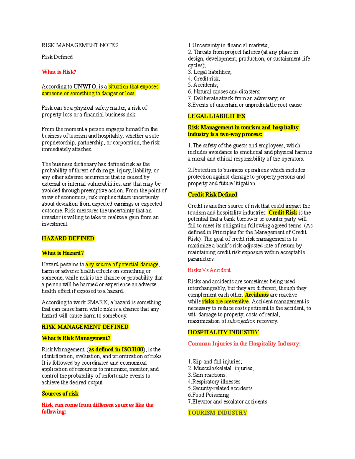 RISK Management Chapters 1 AND 2 - RISK MANAGEMENT NOTES Risk Defined ...