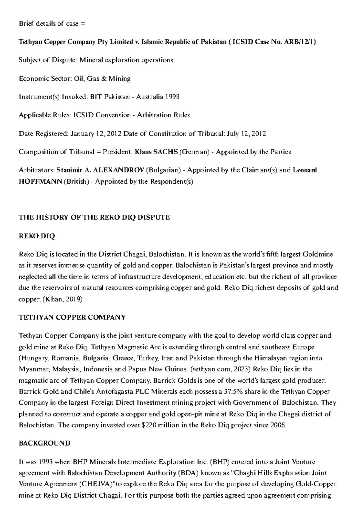 Brief details of case Reko Diq for presentation - Brief details of case ...