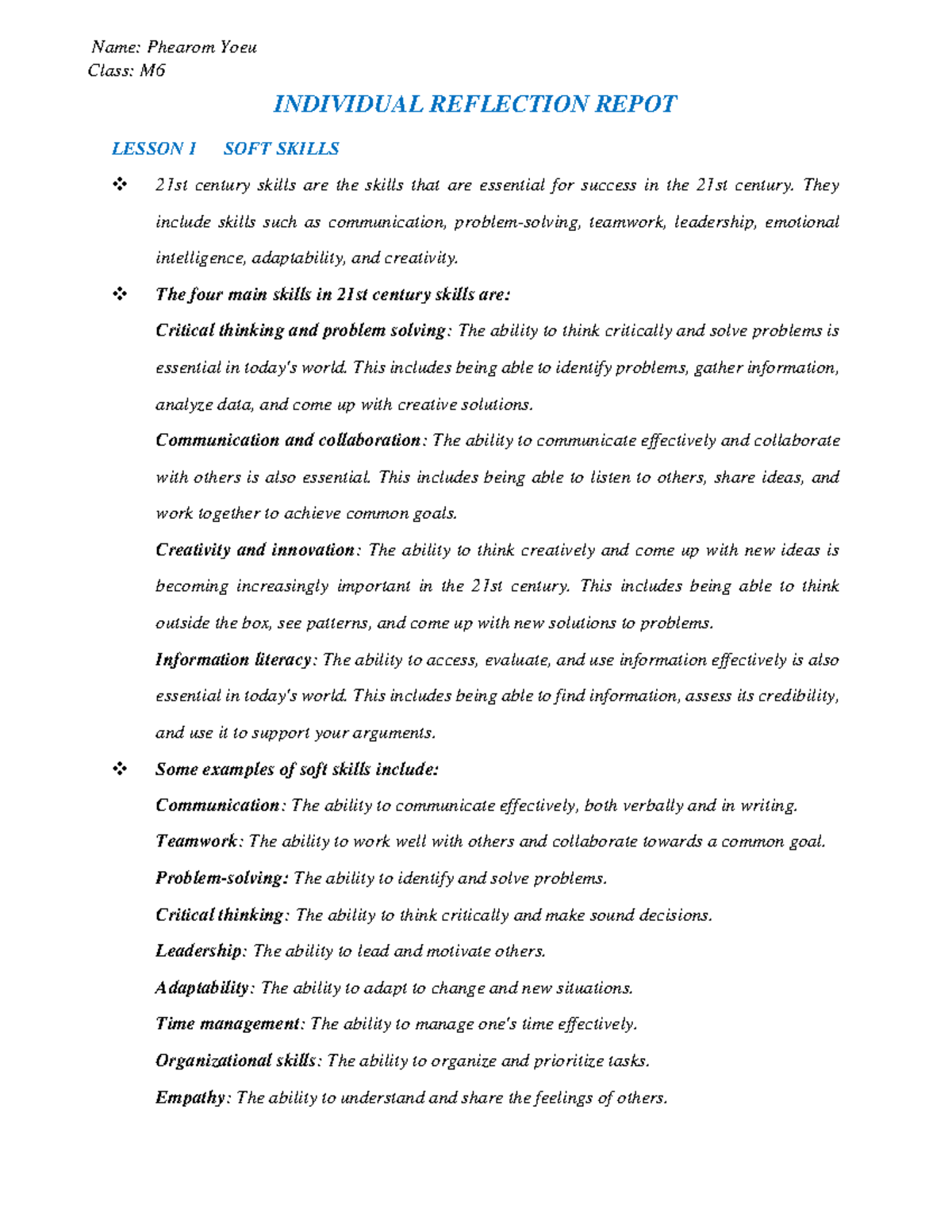 Individual Reflection Repot in all lessons of 21st century skills in ...