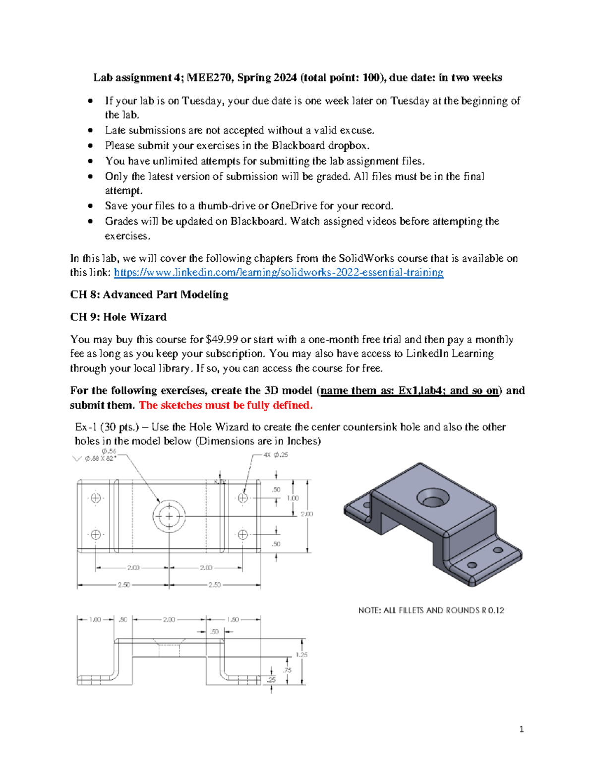 Lab 4 instruction - me 370 - 1 Lab assignment 4 ; MEE270, Spring 20 24 (total point: 100 ), due ...