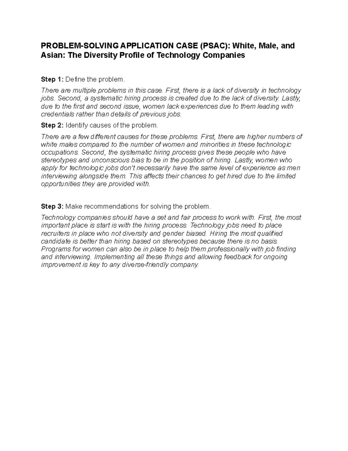 Ch. 4 Case and Ethical Challenge - PROBLEM-SOLVING APPLICATION CASE (PSAC): White, Male, and ...