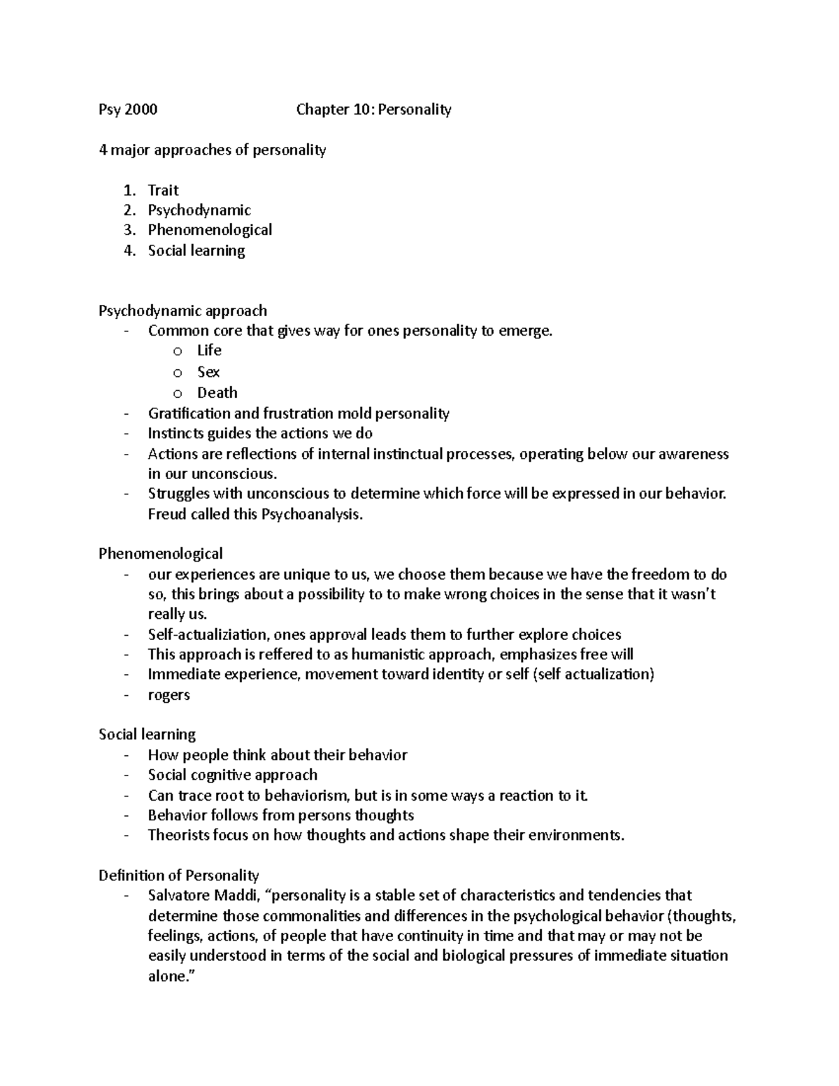 PSY chapter 10; personality - Psy Chapter 10: Personality 4 major ...