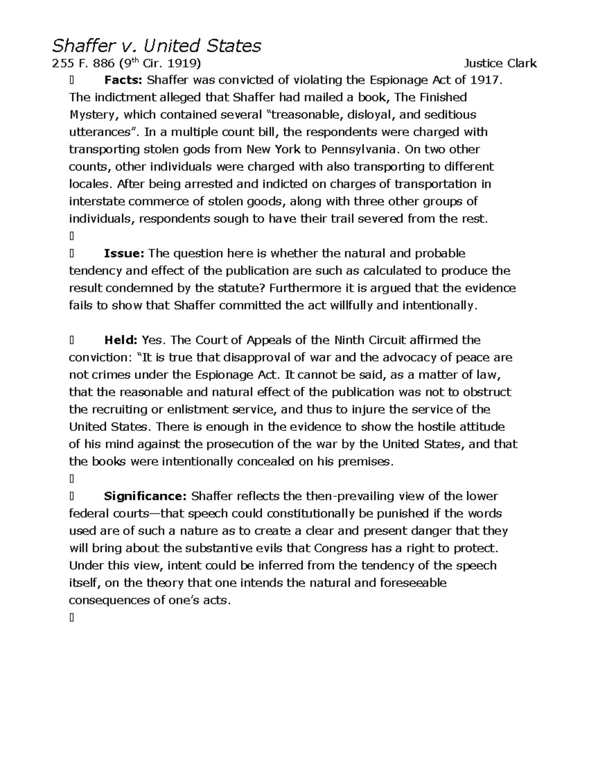 Final-Case Briefs - Summary FREEDOM OF SPEECH & PRESS - Shaffer v ...