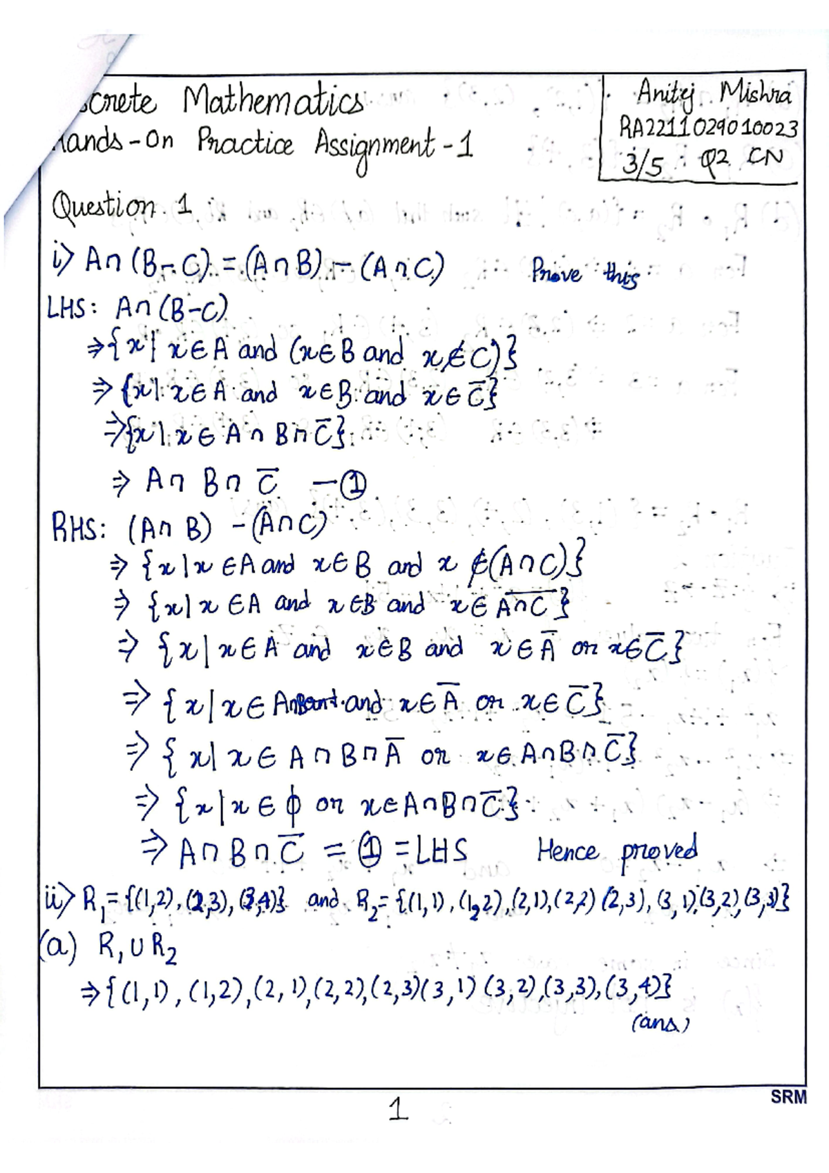 maths assignmentsss - crete Mathematics Anitej Mishra RA2211029010023 ...