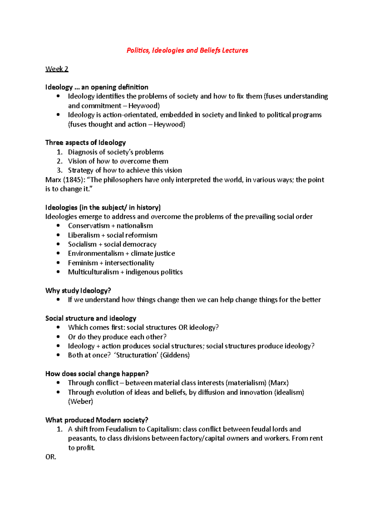 Lectures - Lecture notes all - Poliics, Ideologies and Beliefs Lectures ...