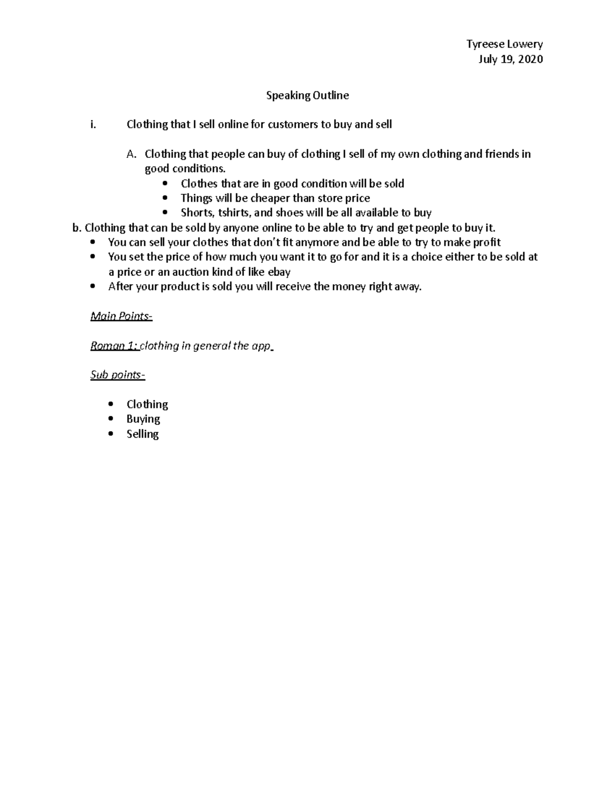 Speaking Outline sells pitch - Tyreese Lowery July 19, 2020 Speaking ...