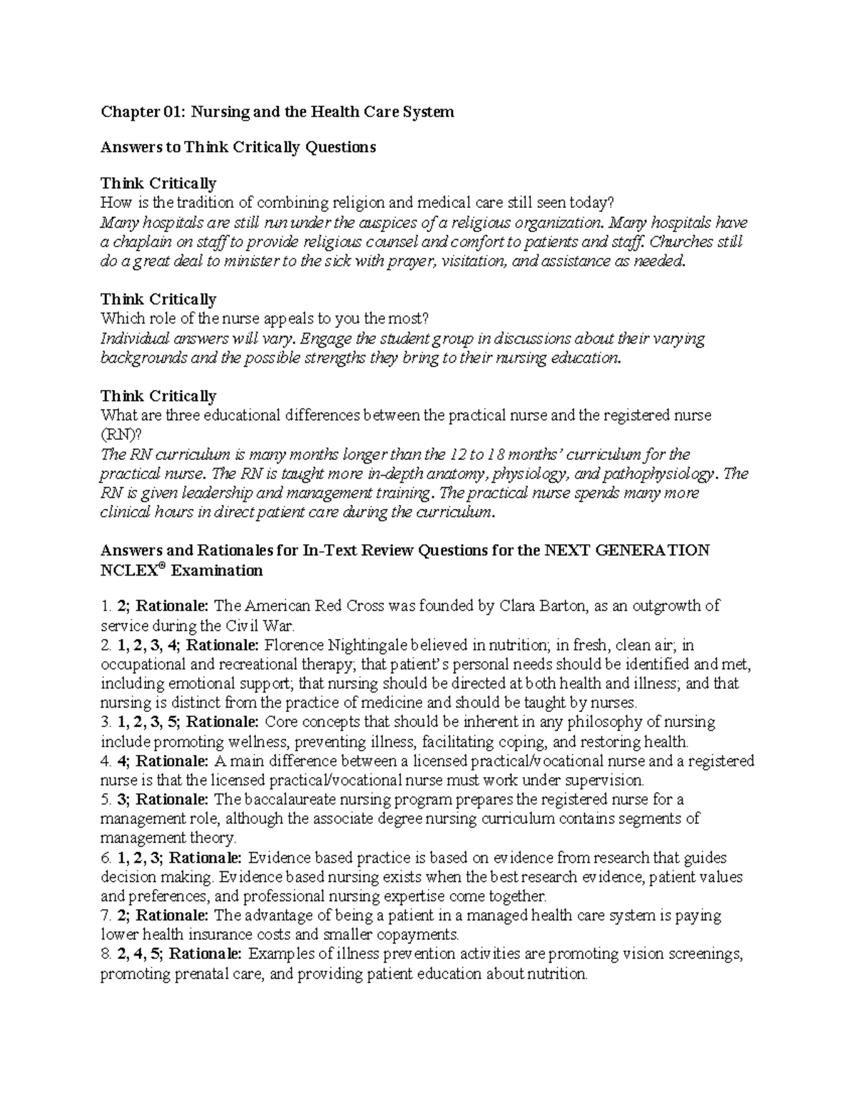 Chapters 1-8 - Review of homework assignments - Chapter 01: Nursing and the Health Care System ...
