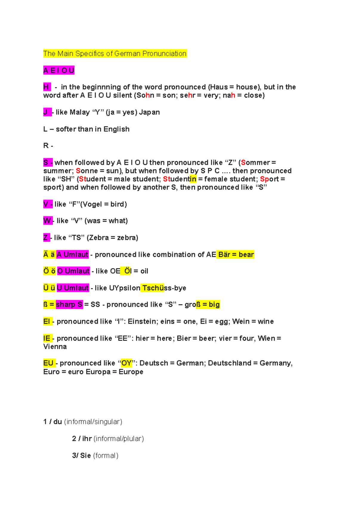 German Note The Main Specifics Of German Pronunciation A E I O U H