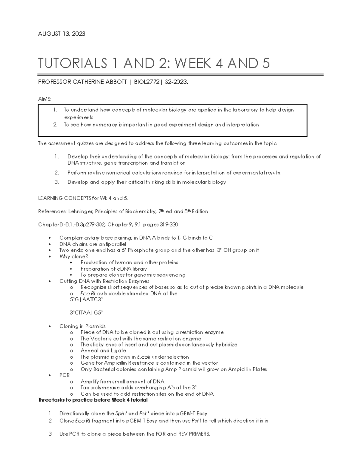 BIOL2772 Tutorial 4&5 Student Info 2023-2 - AUGUST 13, 2023 TUTORIALS 1 ...
