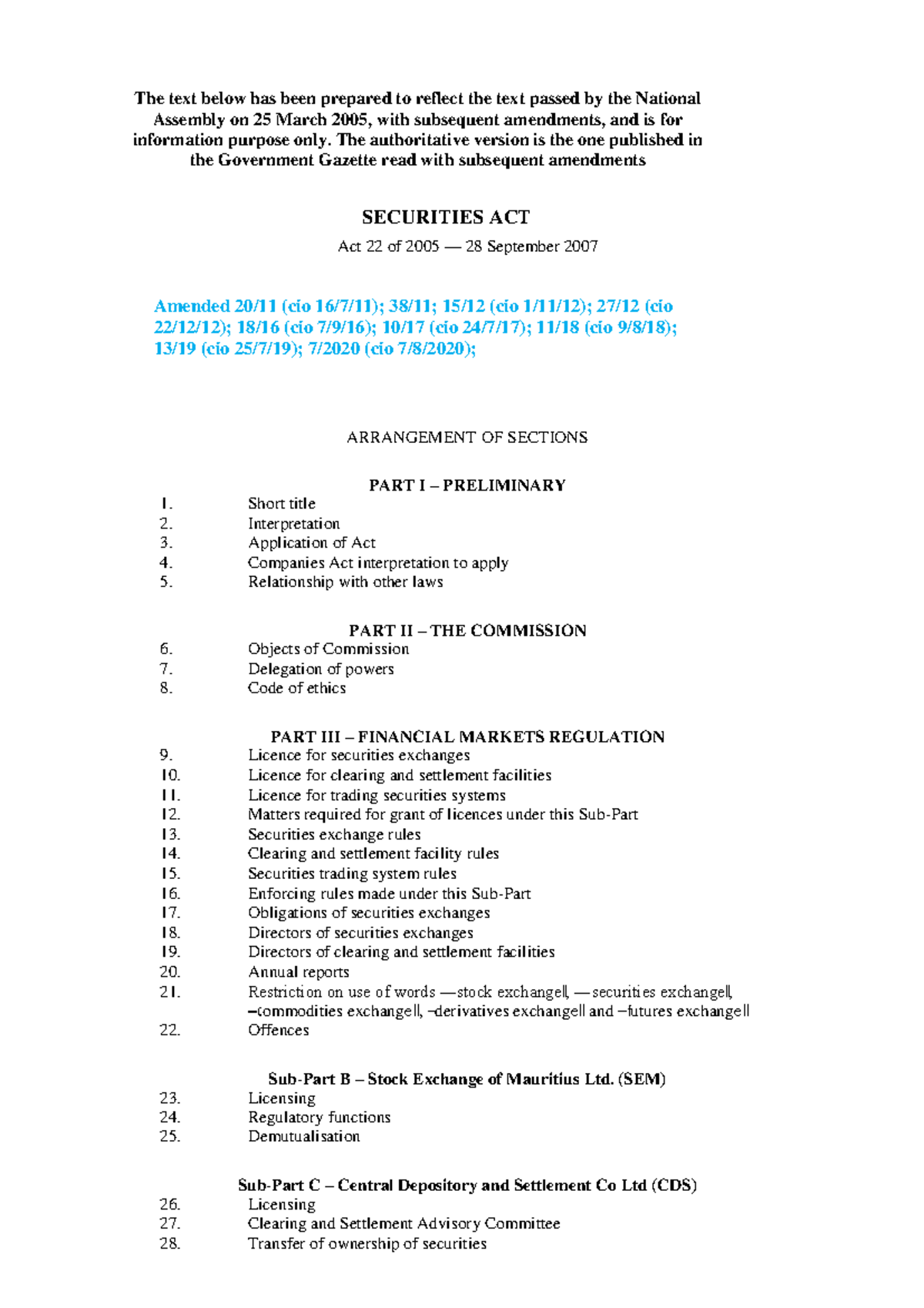 Securities-act-2005 - statute - The text below has been prepared to ...