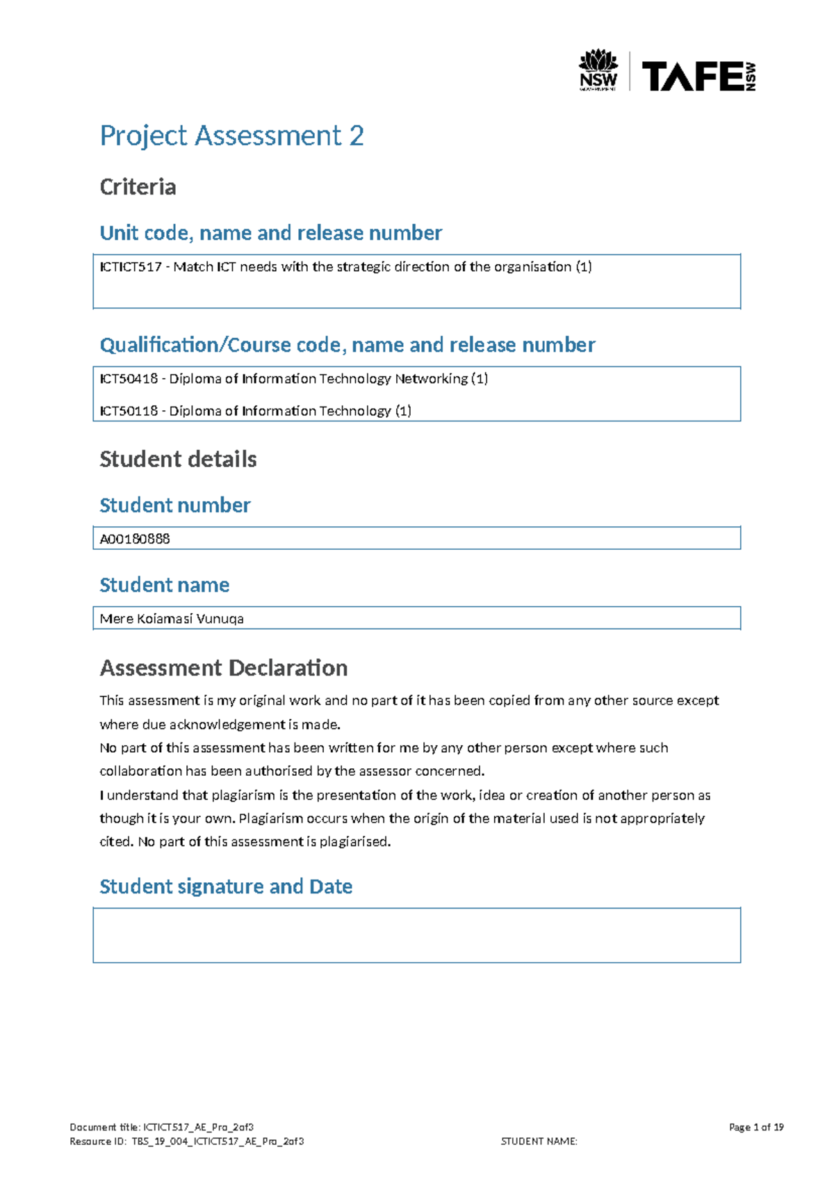 Ictict 517 AE Pro 2of3 - Project Assessment 2 Criteria Unit code, name ...