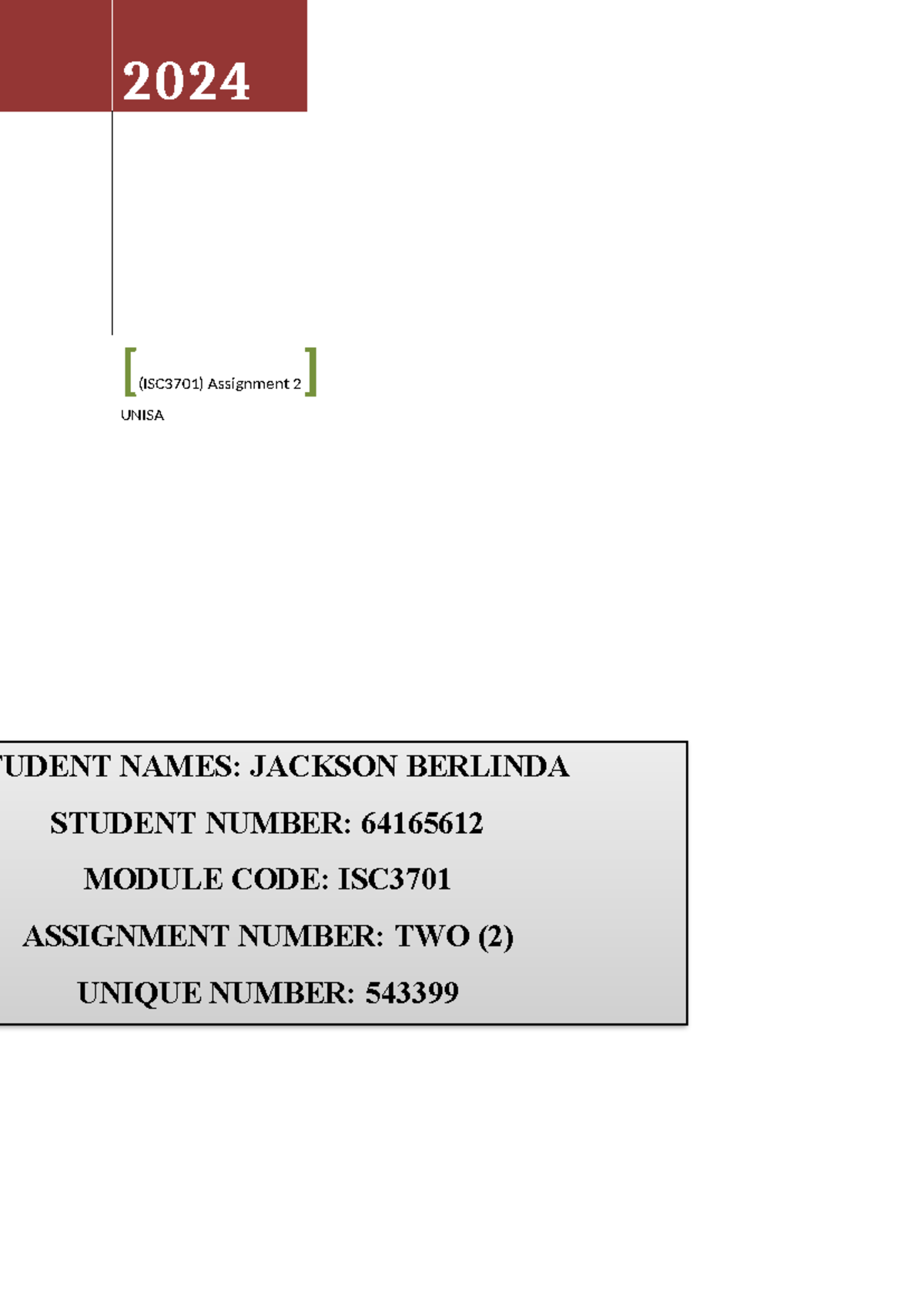 ISC3701 Assignment 2 - notes - [(ISC3701) Assignment 2] UNISA STUDENT ...