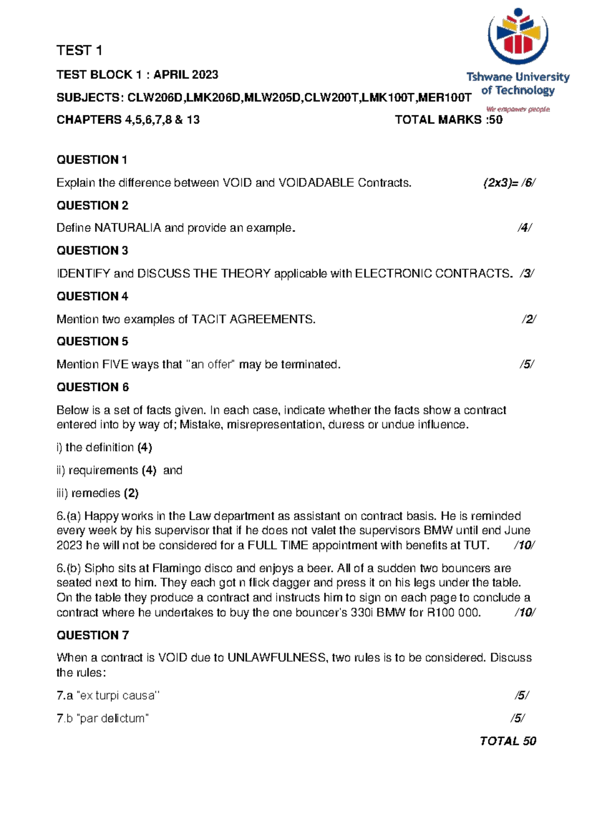 TEST 1 - helpful - TEST 1 TEST BLOCK 1 : APRIL 2023 SUBJECTS: - Studocu