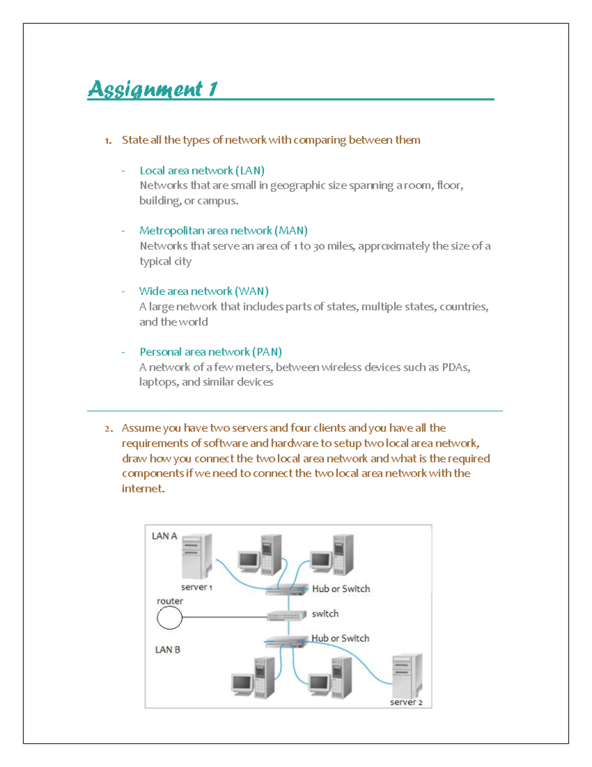 Assignment 1 - State all the types of network with comparing between them Local area network ...