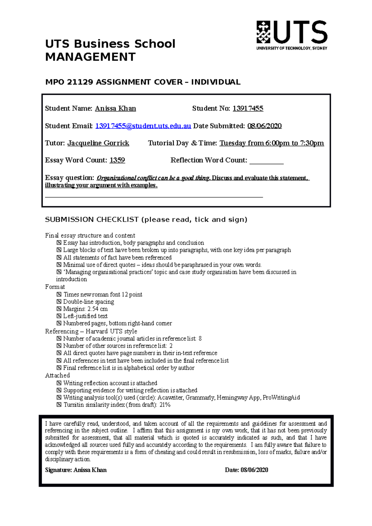 Individual Cover Sheet for Management and Organisations - UTS Business ...