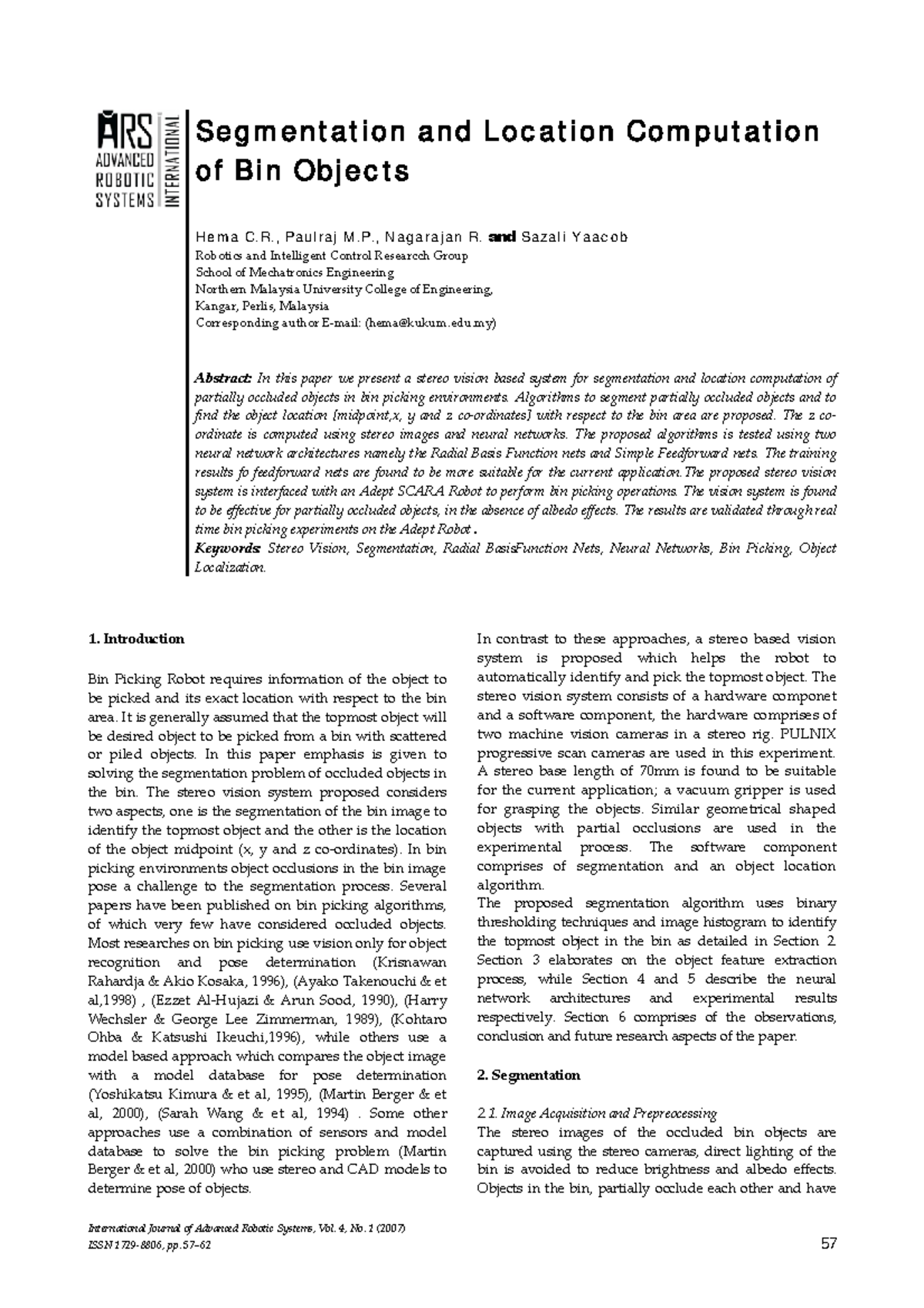 Segmentation And Location Computation Of Bin Objects Issn 1729 8806 6350