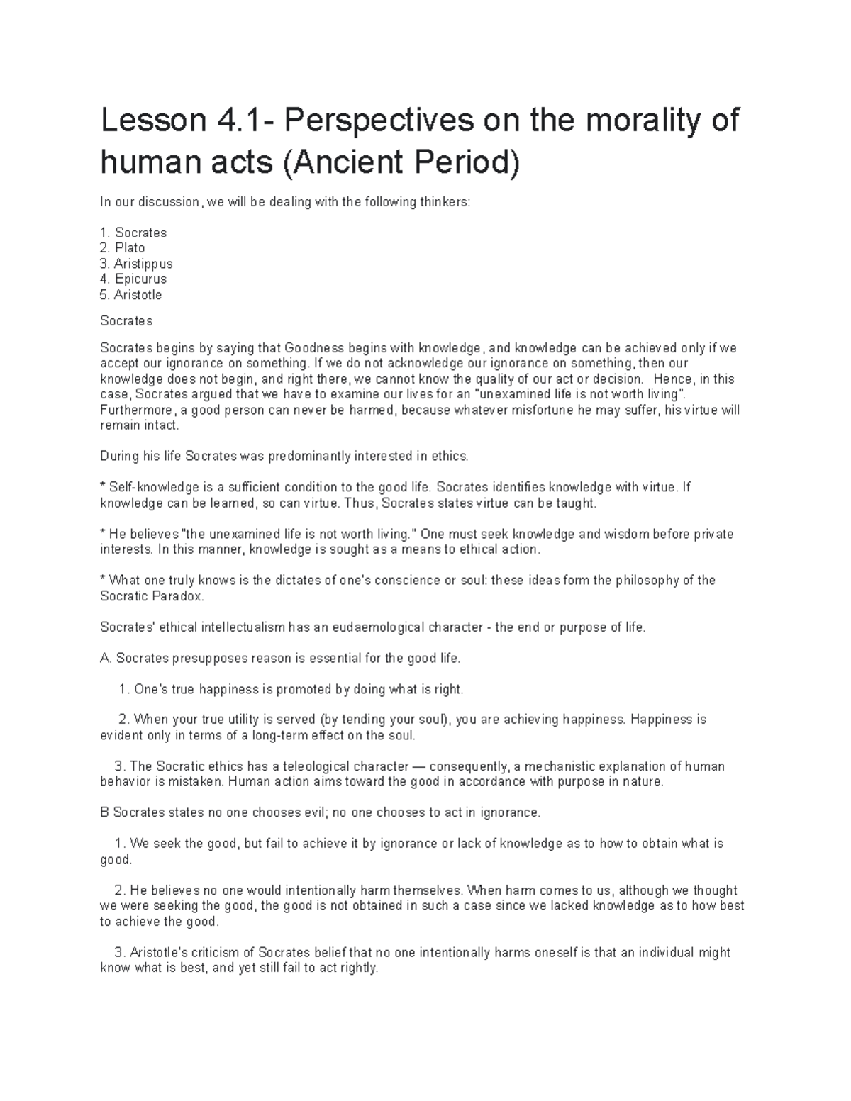 Lesson 4 - Perspectives on the morality of human acts (Ancient Period ...