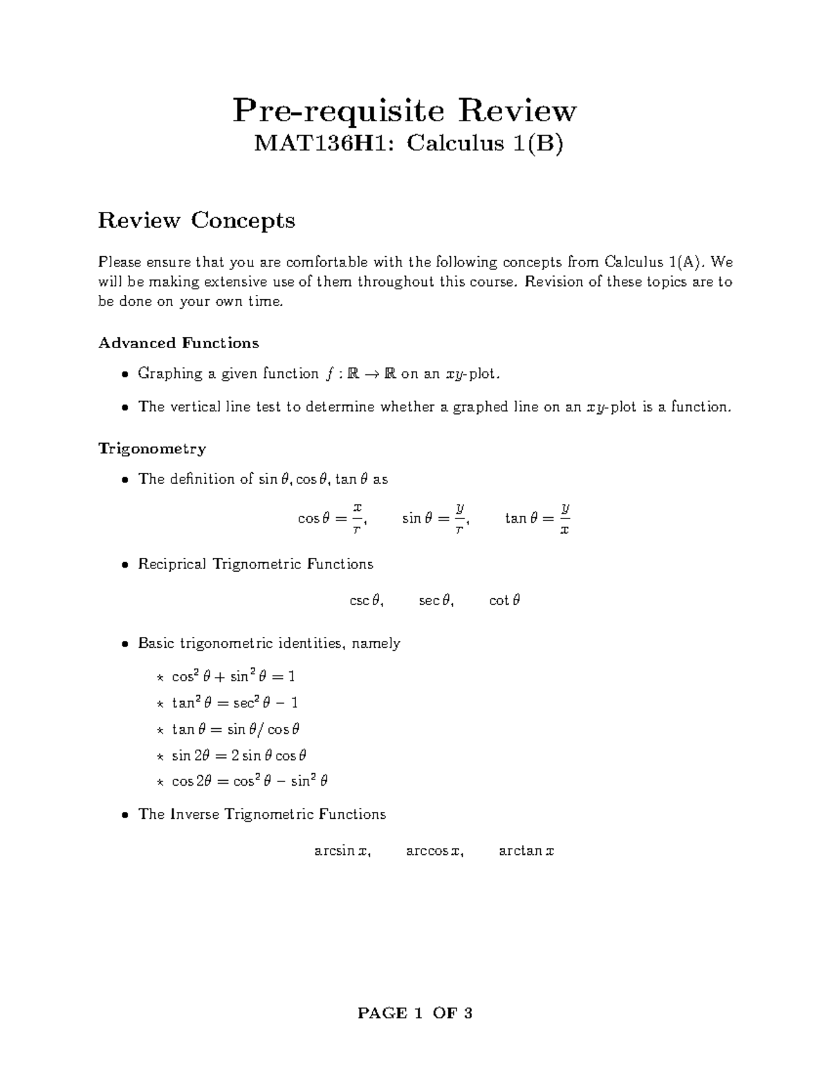 Prerequisite Review - Pre-Reqs - Pre-requisite Review MAT136H1 ...